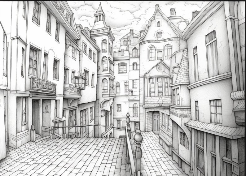 30 Perspective Drawing Coloring Pages | PRINT AND PAINT | Instant ...