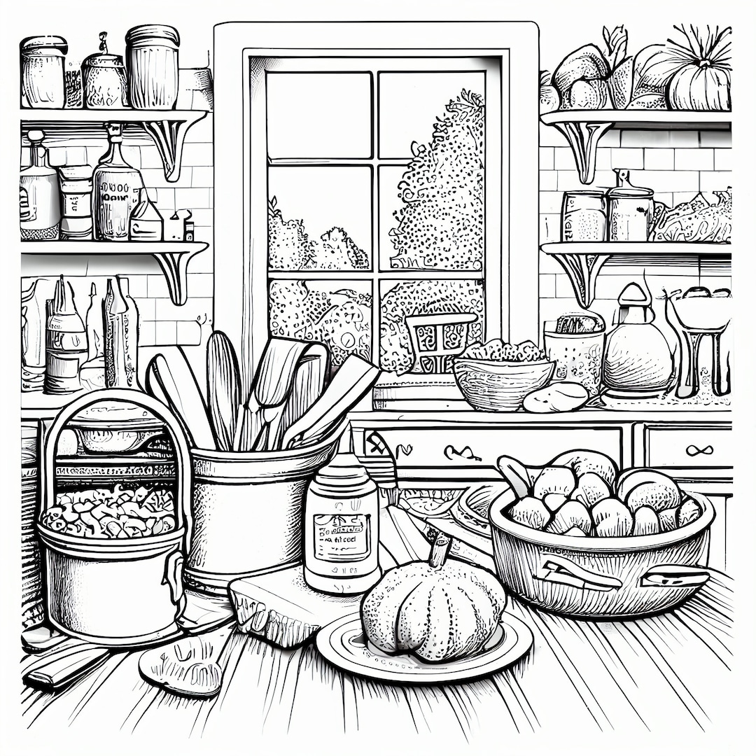 Coloring Pages of Food and Kitchen Scenes Featuring a Variety of ...