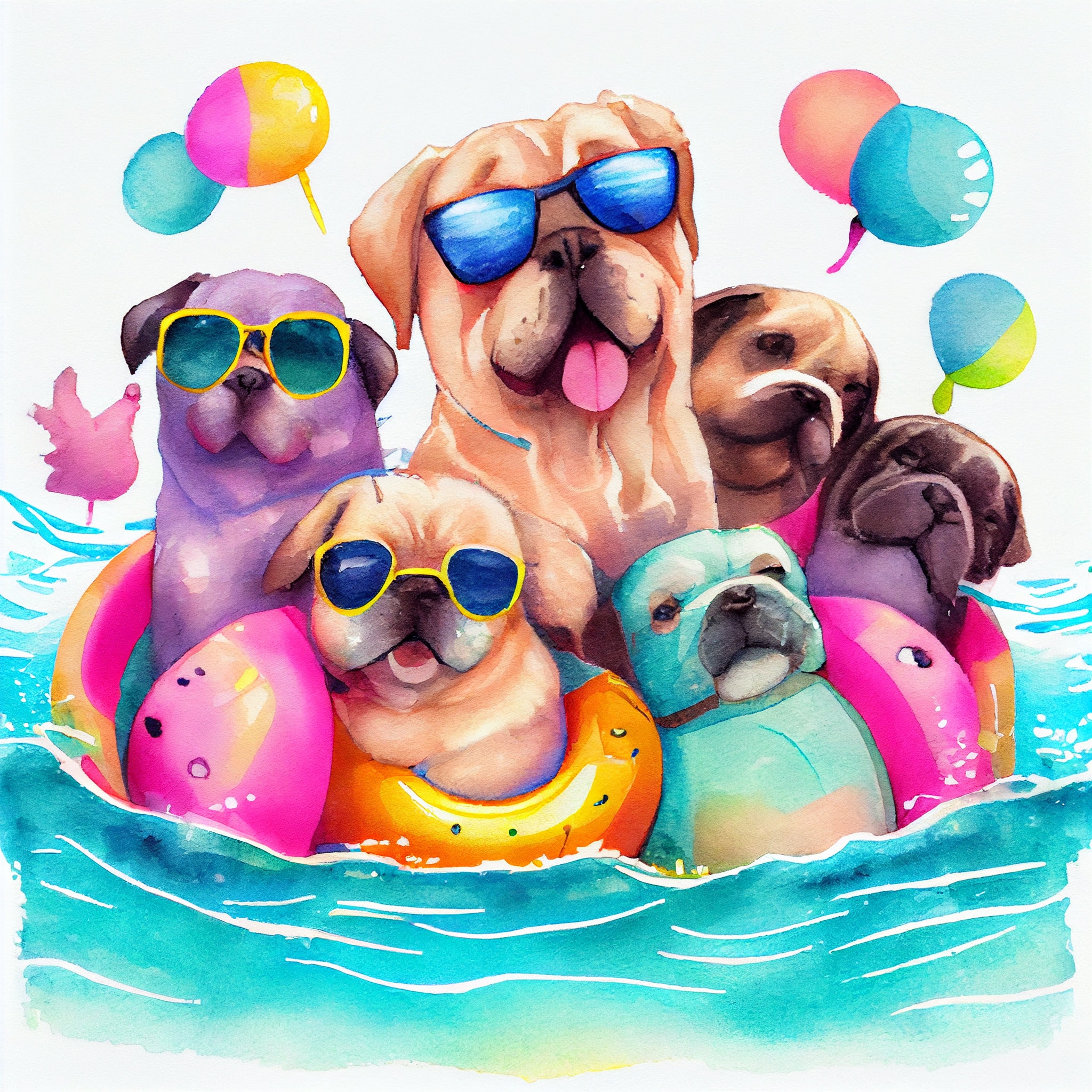 A Group of Dogs Having a Pool Party With Sunglasses and Inflatable Toys ...