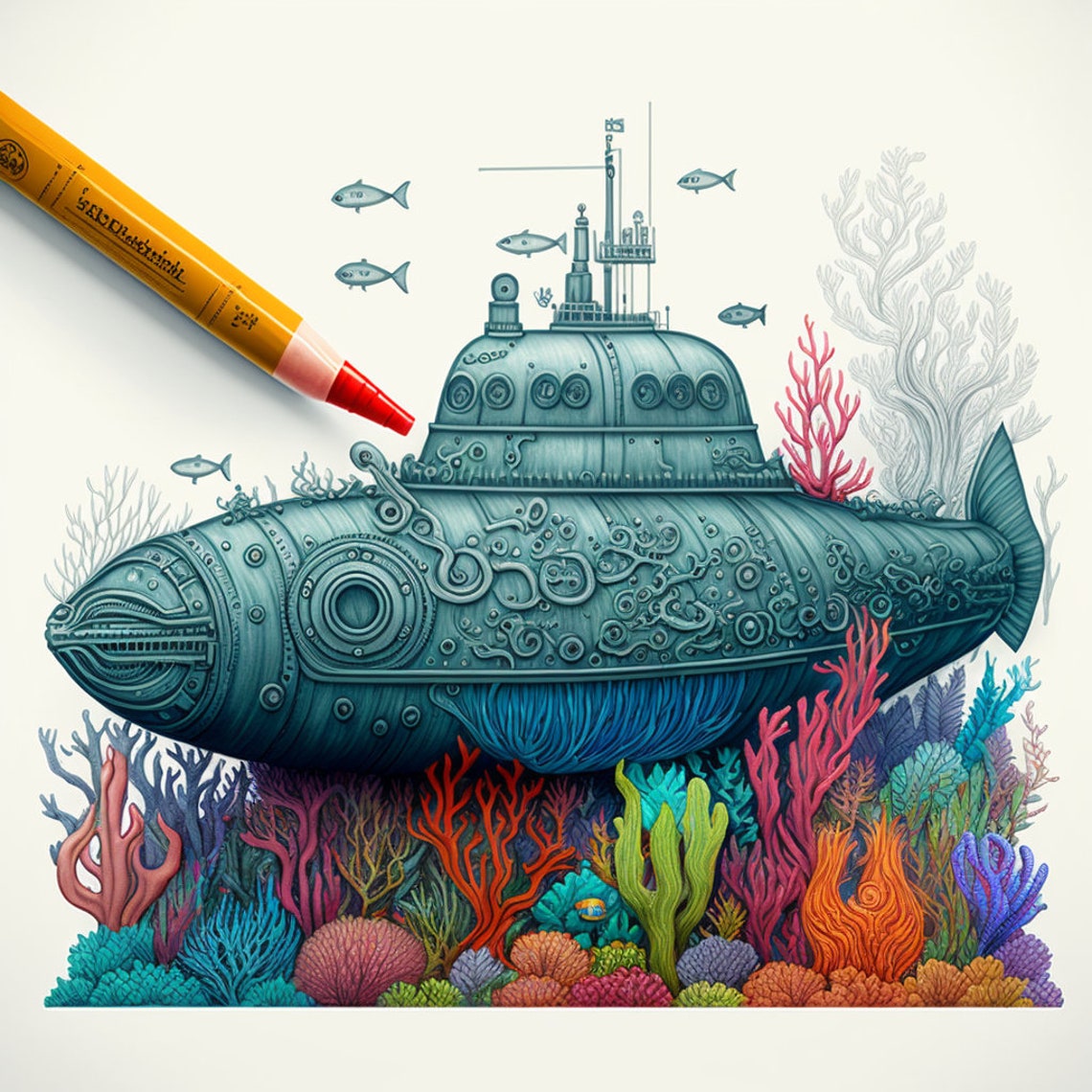 Underwater Adventure: Set of 5 Unique Submarine Coloring Pages for ...