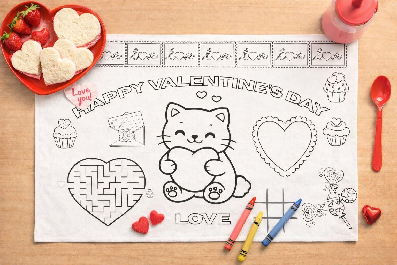 Valentine Coloring Placemat Printable | Kids Valentine Color Sheet 2 ...