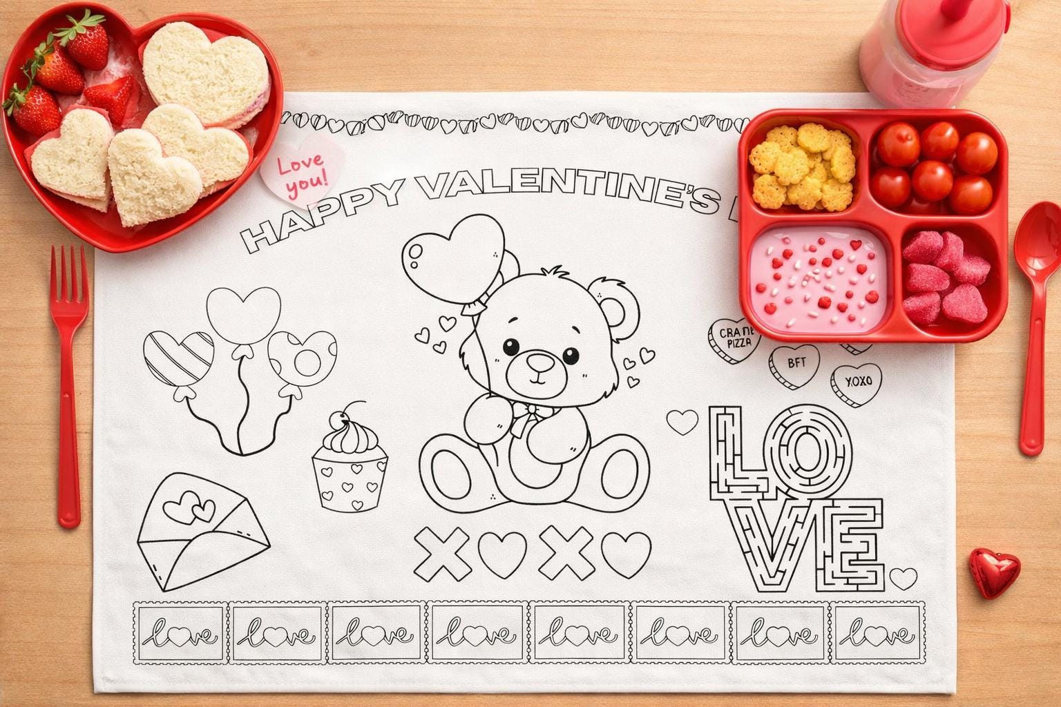 Valentine Coloring Placemat Printable | Kids Valentine Color Sheet 2 ...