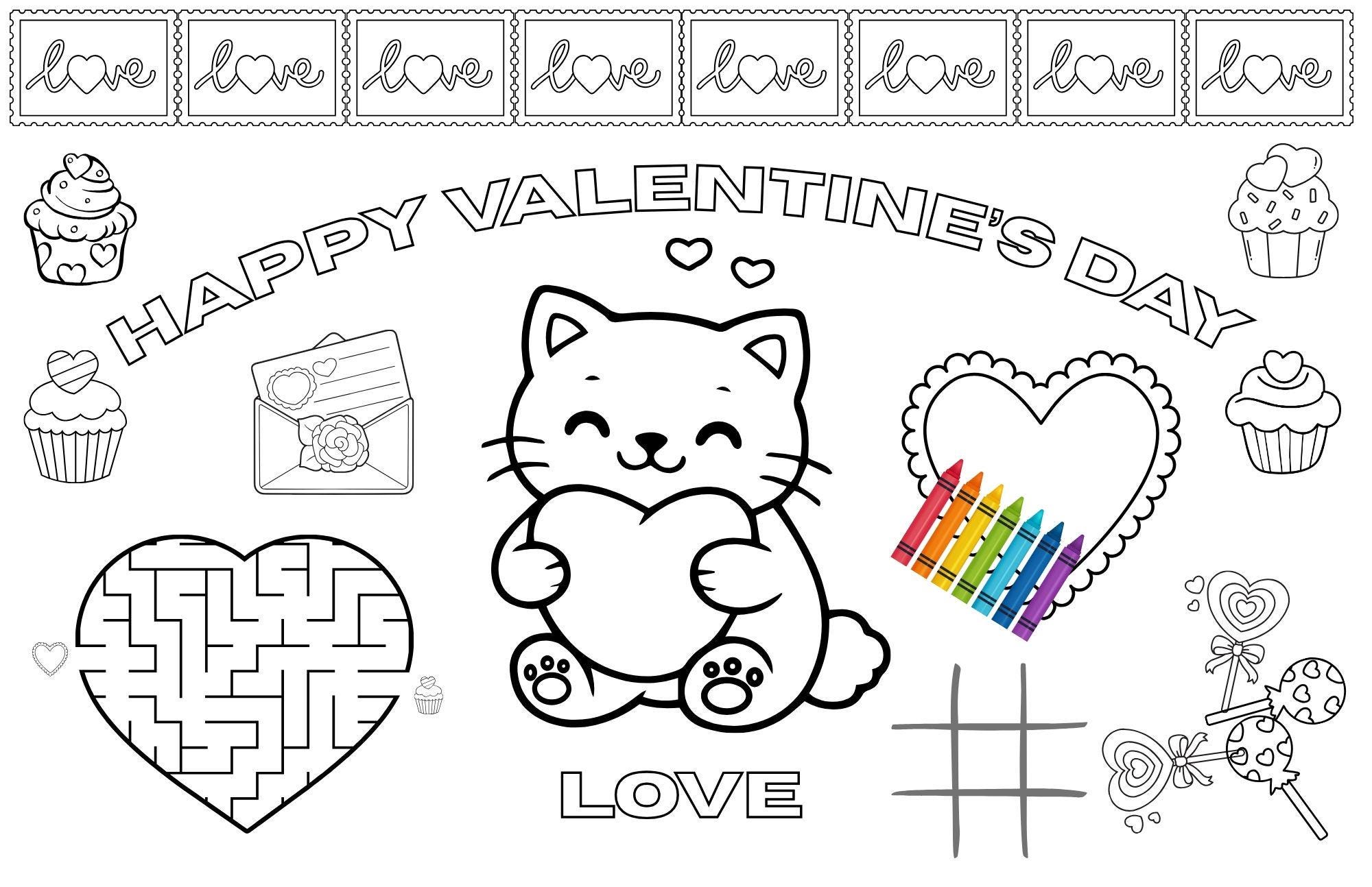 Valentine Coloring Placemat Printable | Kids Valentine Color Sheet 2 ...