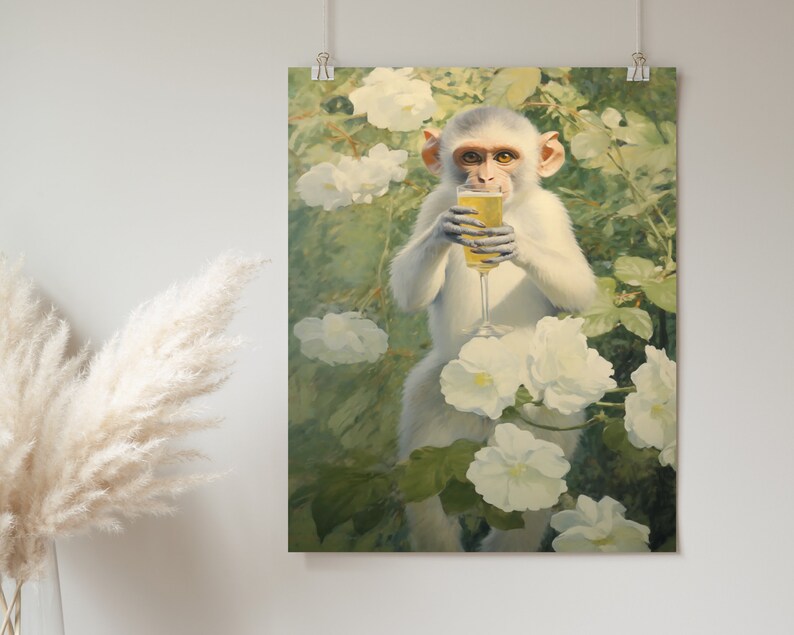 Monkey Cocktail Print | Monkey Gentleman Print | Retro Wall Art | Cute ...