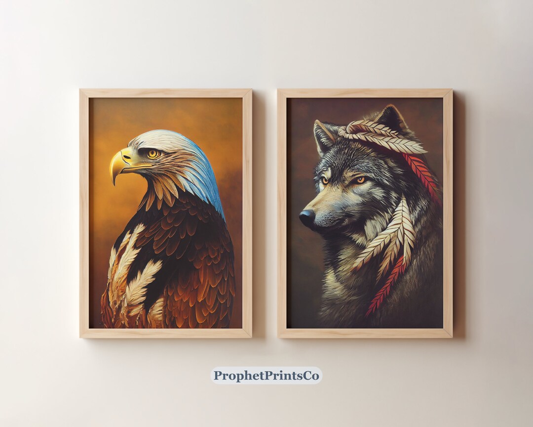 SET OF 2 Native Animal Art Poster Prints | Native Wolf Wall Art ...