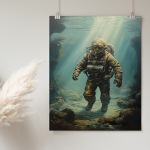 Vintage Scuba Diver Print | Scuba Wall Decor | Scuba Diver Gift | Diver ...