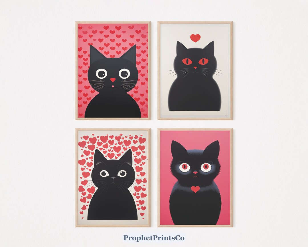 Set of 4 Cute Black Cat Love Poster Prints | Romantic Wall Art | Pet ...