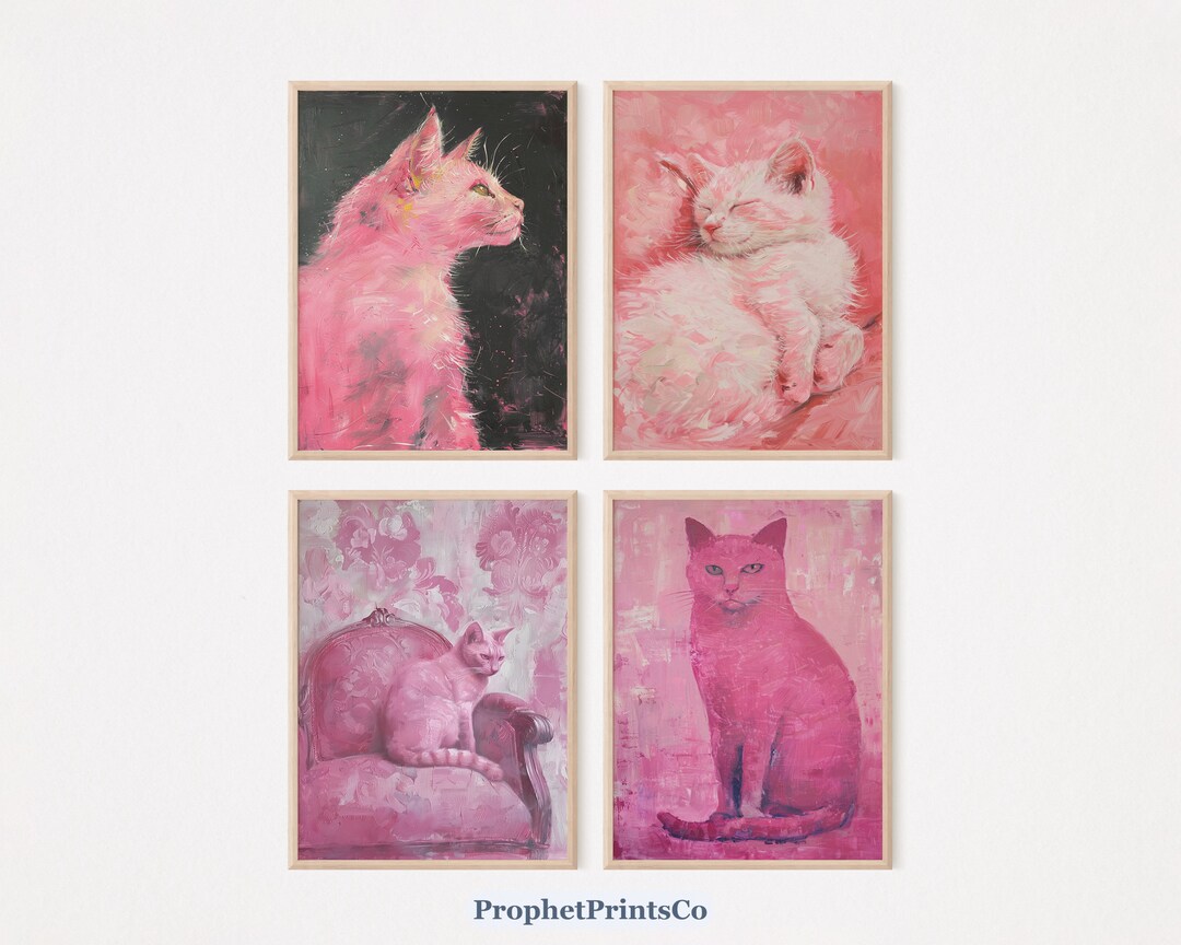 Set of 4 Pink Cat Art Prints | Whimsical Nursery Wall Art | Cute Home ...