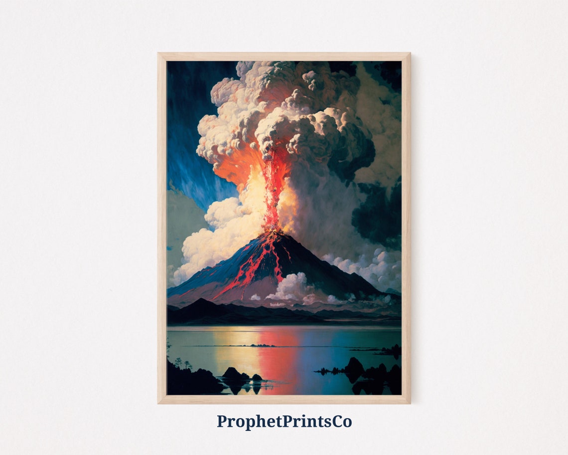 Volcano Painting Poster Print Vintage Hawaiian Wall Art Lava Lover Gift ...