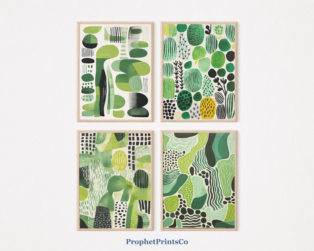 Set of 4 Boho Sage Green Prints | Mid Century Wall Line Art Print Set ...