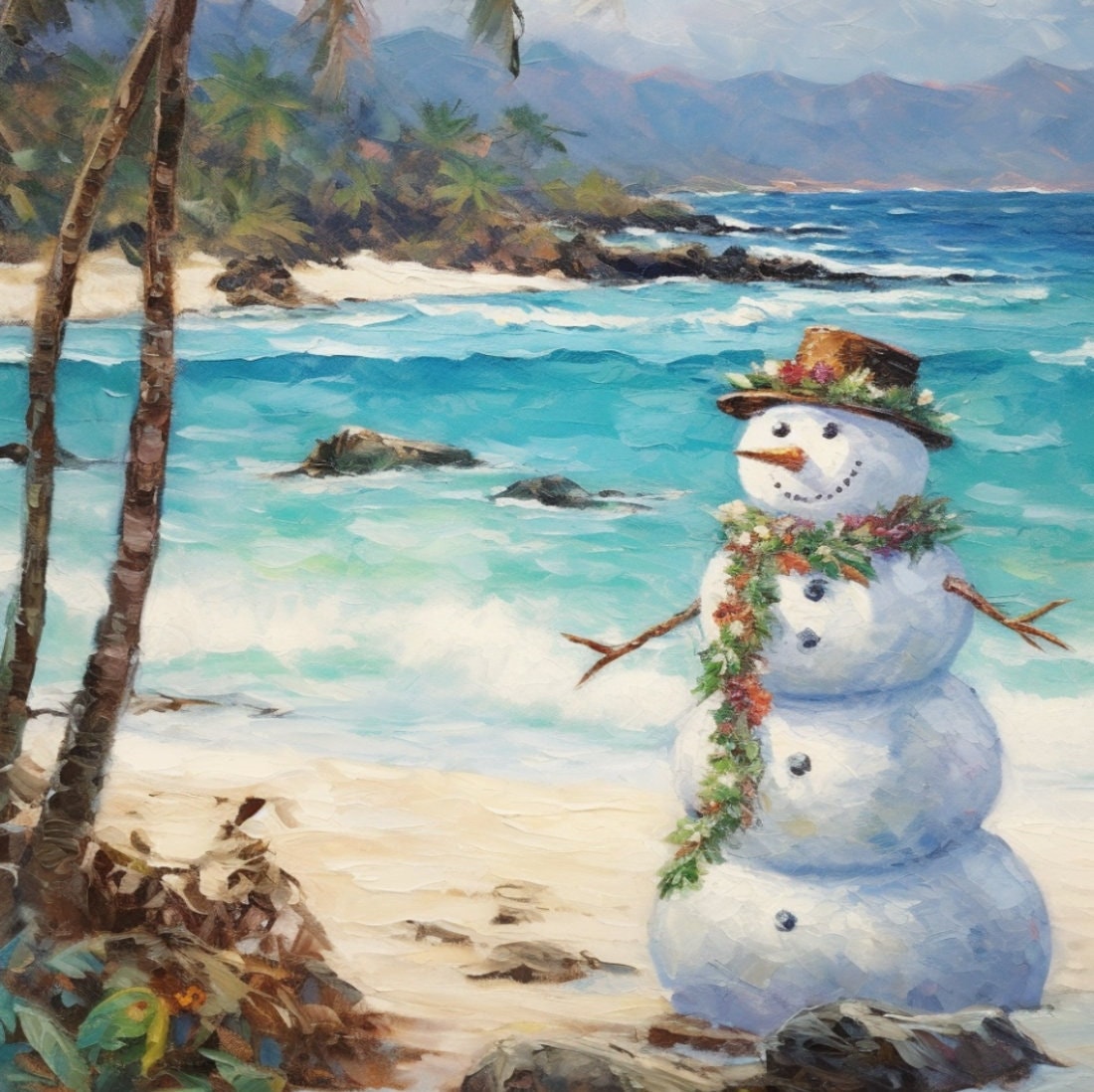 Snowman in Hawaii Print Tropical Hawaiian Art Cute Christmas Wall Art ...