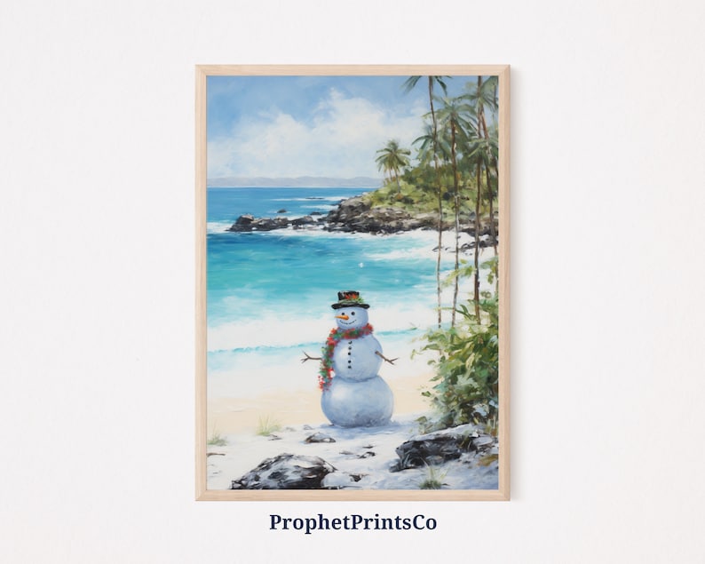 Snowman in Hawaii Print Tropical Hawaiian Art Cute Christmas Wall Art ...