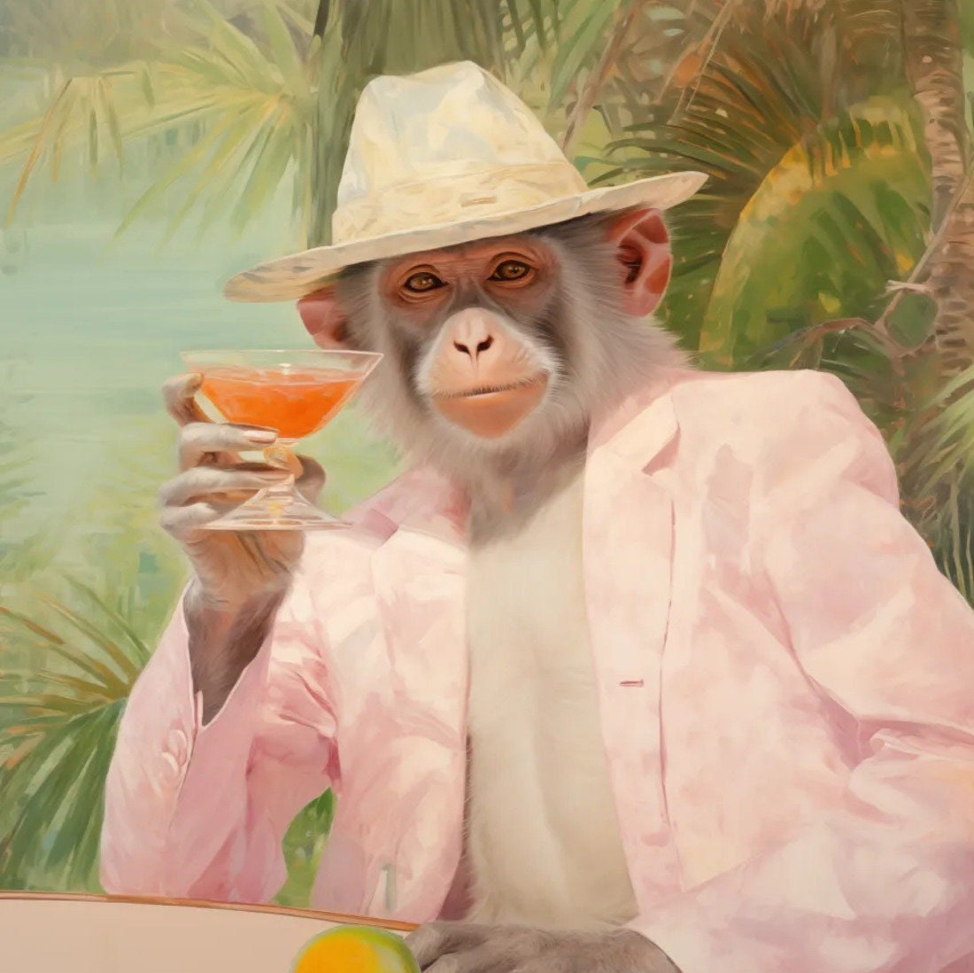 Monkey Cocktail Print Monkey Gentleman Print Retro Wall Art Cute Preppy ...