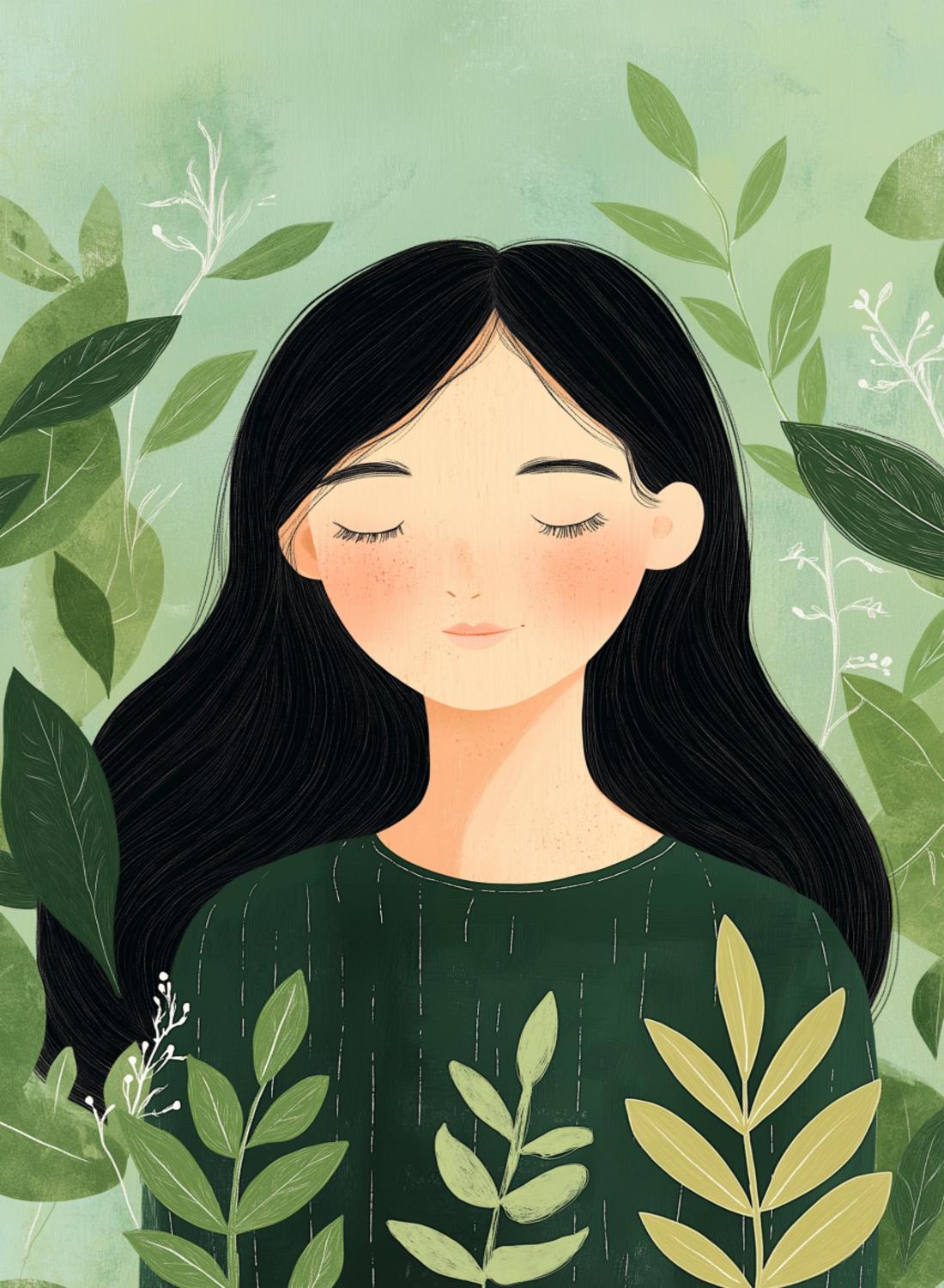 Calm Girl With Green Leaves Poster Print | Minimalist Wall Art | Nature ...
