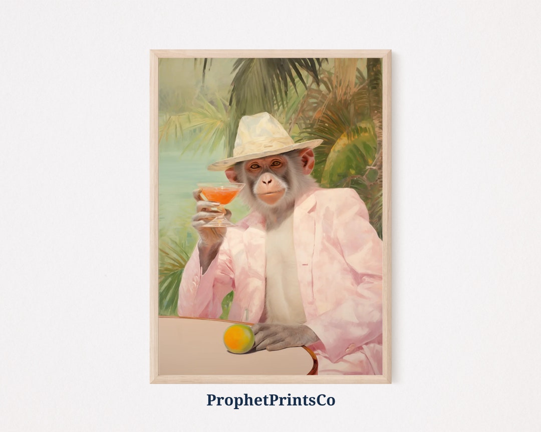 Monkey Cocktail Print | Monkey Gentleman Print | Retro Wall Art | Cute ...