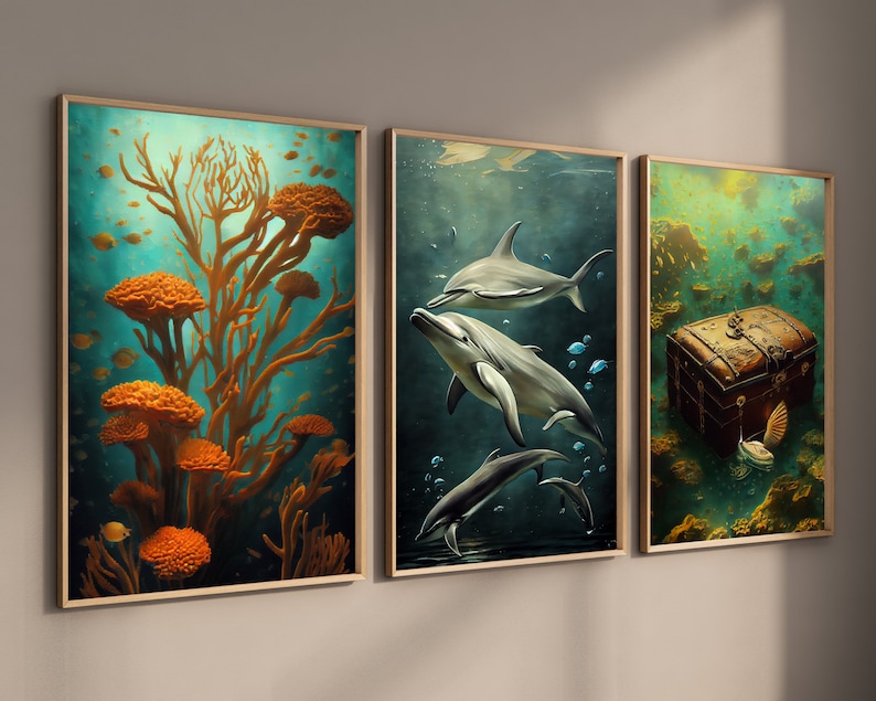 SET OF 3 Deep Sea Poster Prints | Beach House Wall Art | Coral ...