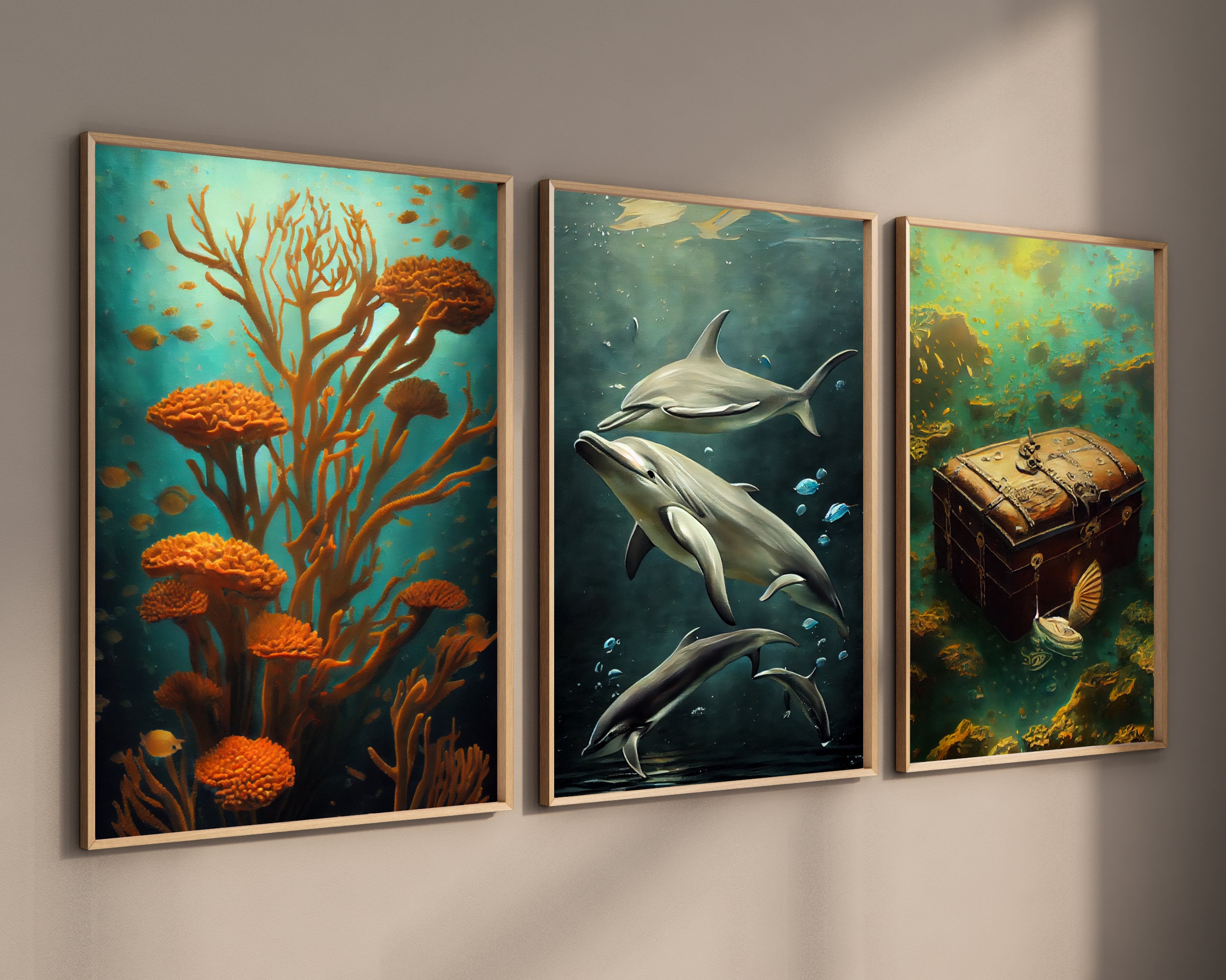 SET OF 3 Deep Sea Poster Prints Beach House Wall Art Coral & Dolphin ...