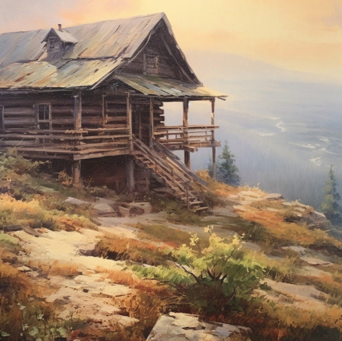 Soft Tonal Log Cabin Oil Painting Rustic Wall Art Old Log Cabin Aesthetic Forest Home Decor ...