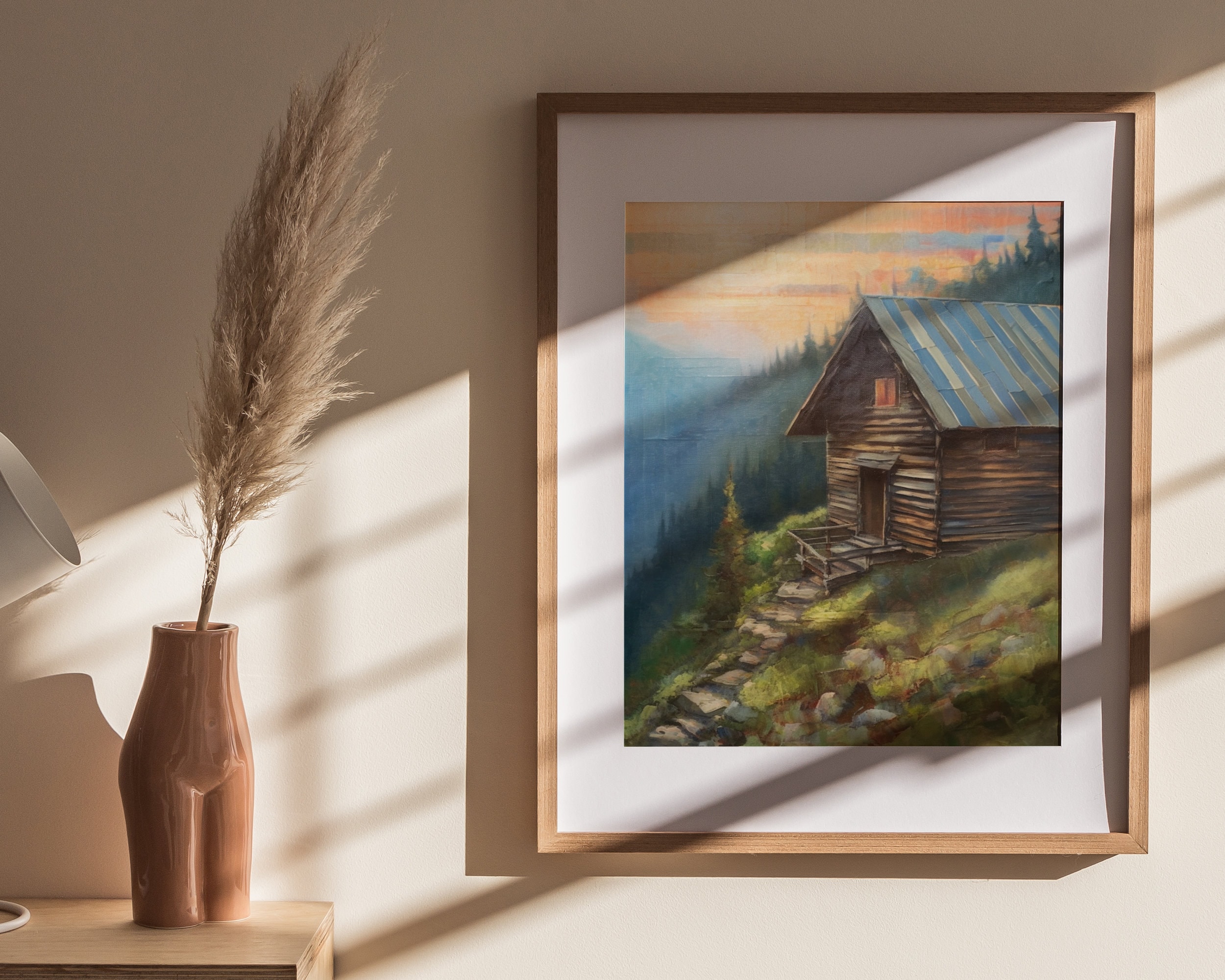 Soft Tonal Log Cabin Oil Painting Rustic Wall Art Old Log Cabin ...