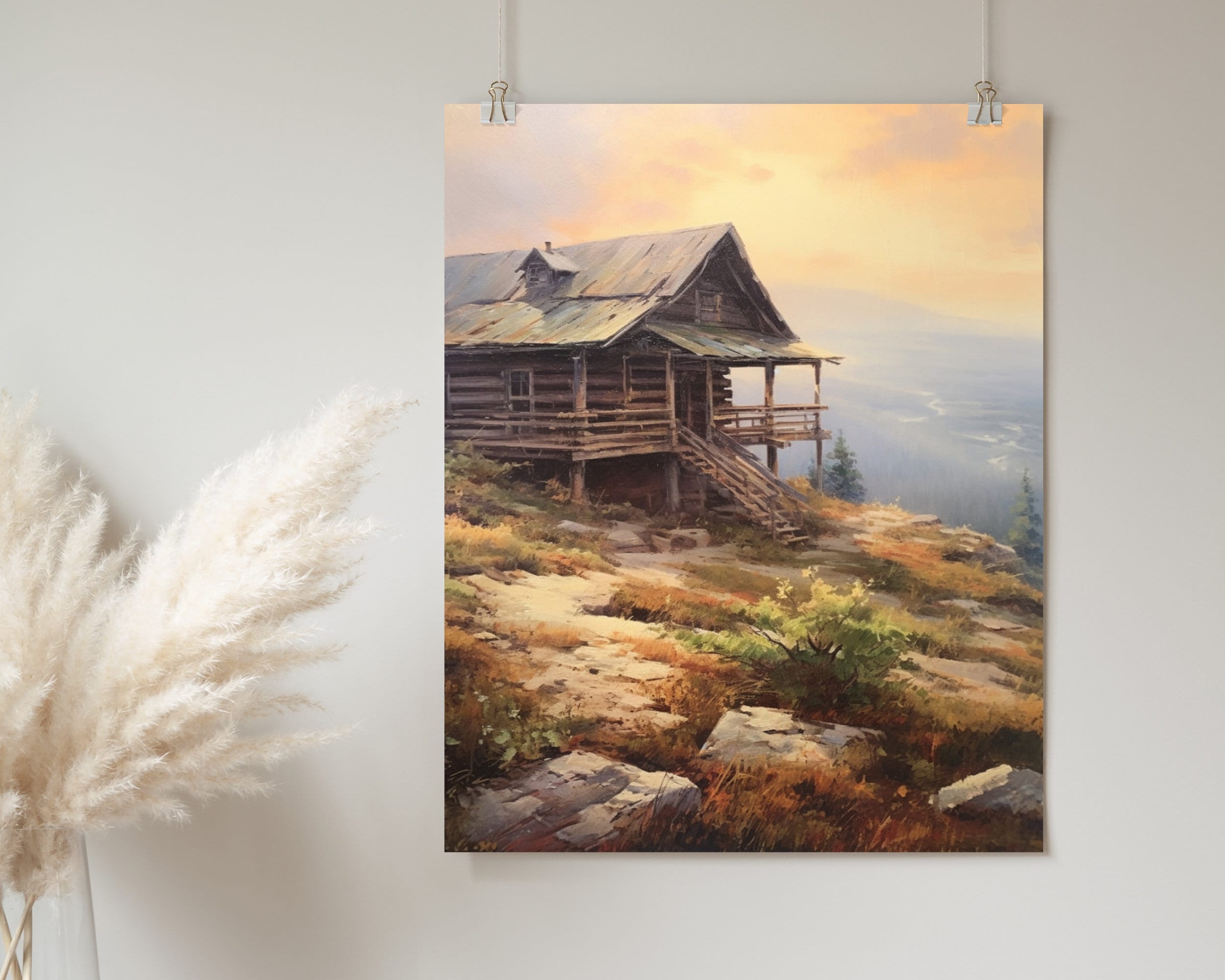 Soft Tonal Log Cabin Oil Painting Rustic Wall Art Old Log Cabin ...