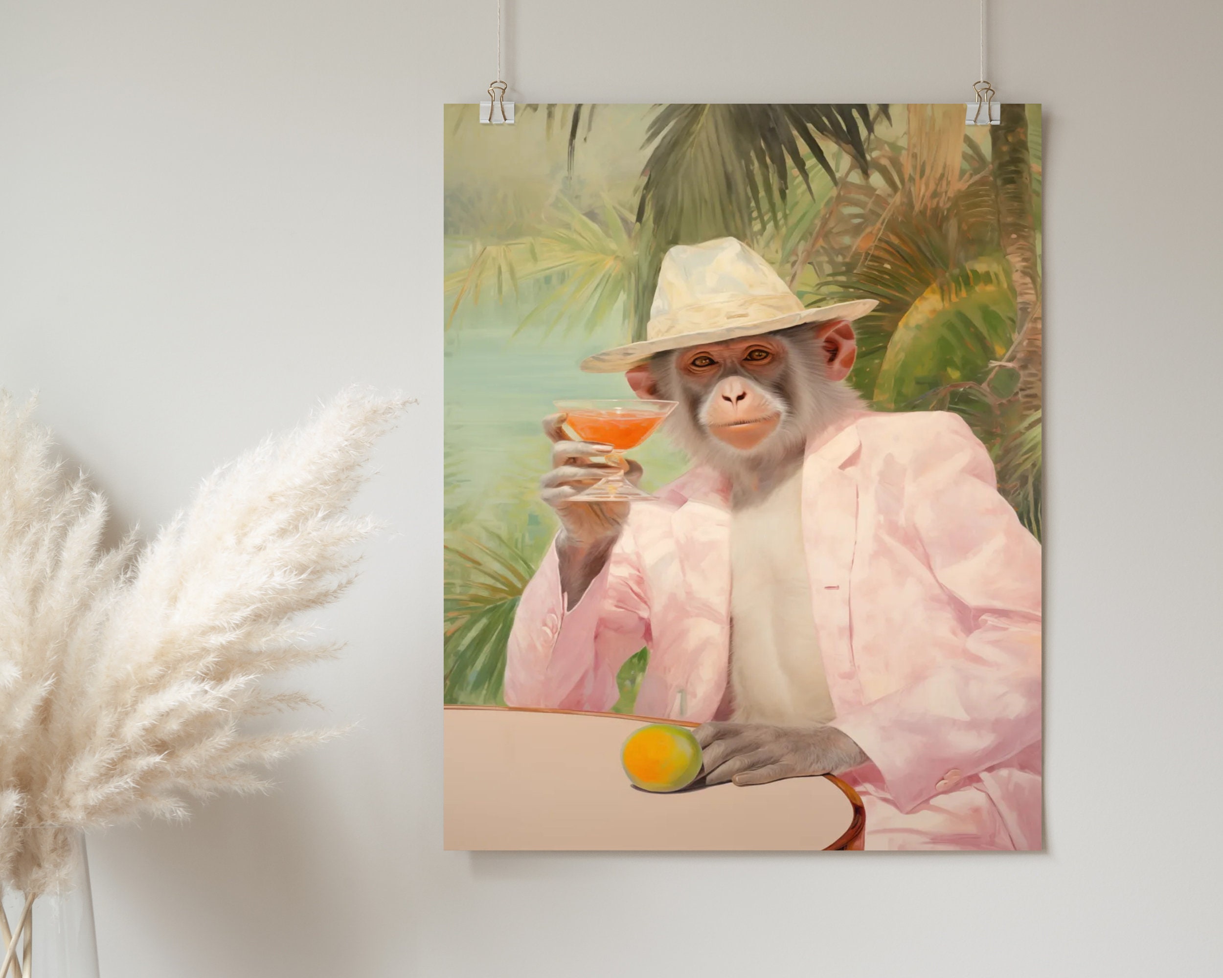 Monkey Cocktail Print Monkey Gentleman Print Retro Wall Art Cute Preppy ...