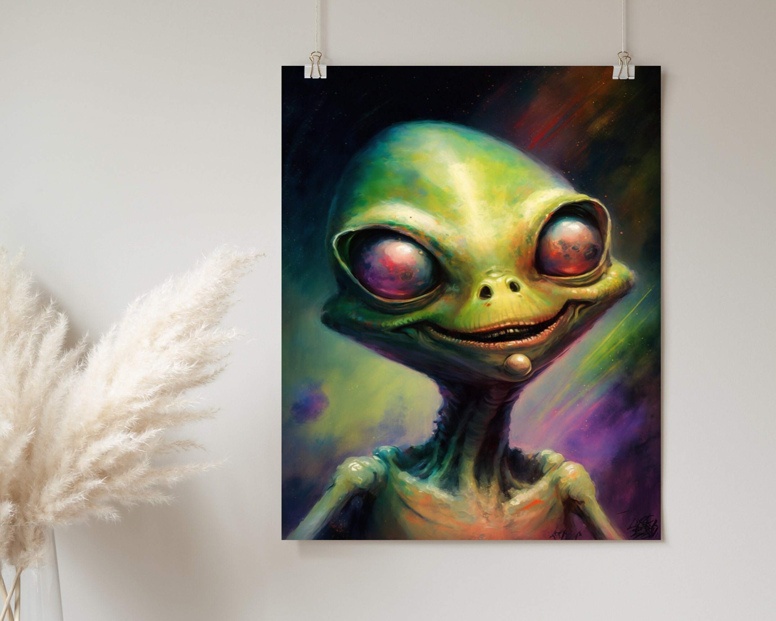 Friendly Alien Poster Print Cute Space Wall Art Alien Lover Gift Retro ...