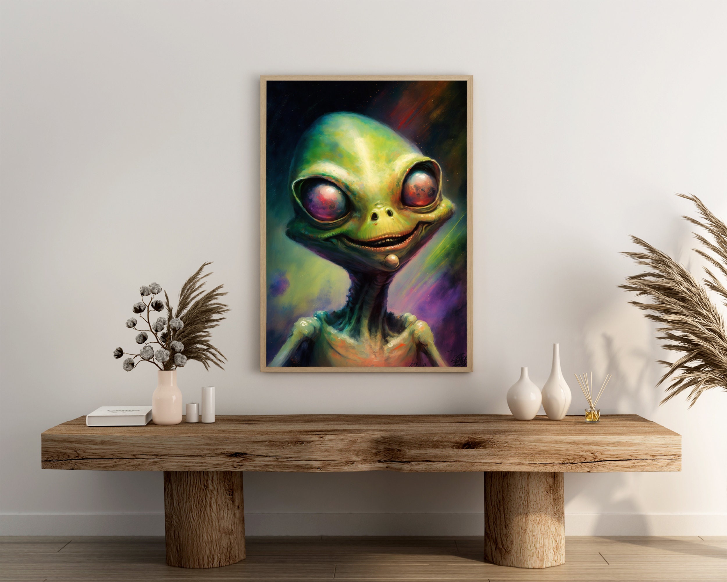 Friendly Alien Poster Print Cute Space Wall Art Alien Lover Gift Retro ...