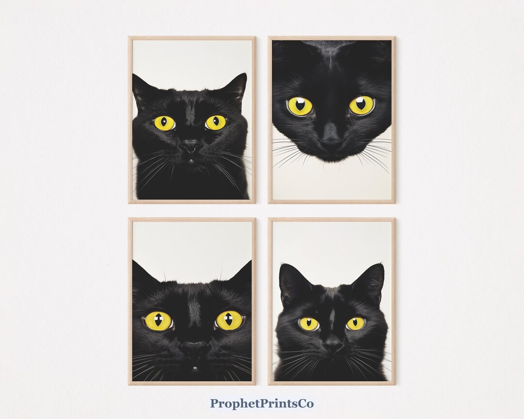 Set of 4 Black Cat Poster Prints | Gallery Wall Set | Vintage Cat ...