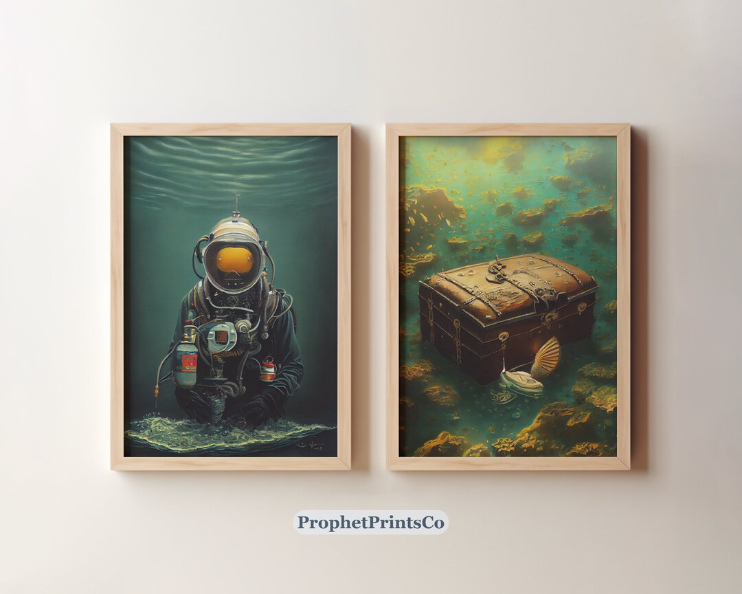 SET OF 2 Deep Sea Painting Poster Prints | Deep Sea Diver Wall Art ...
