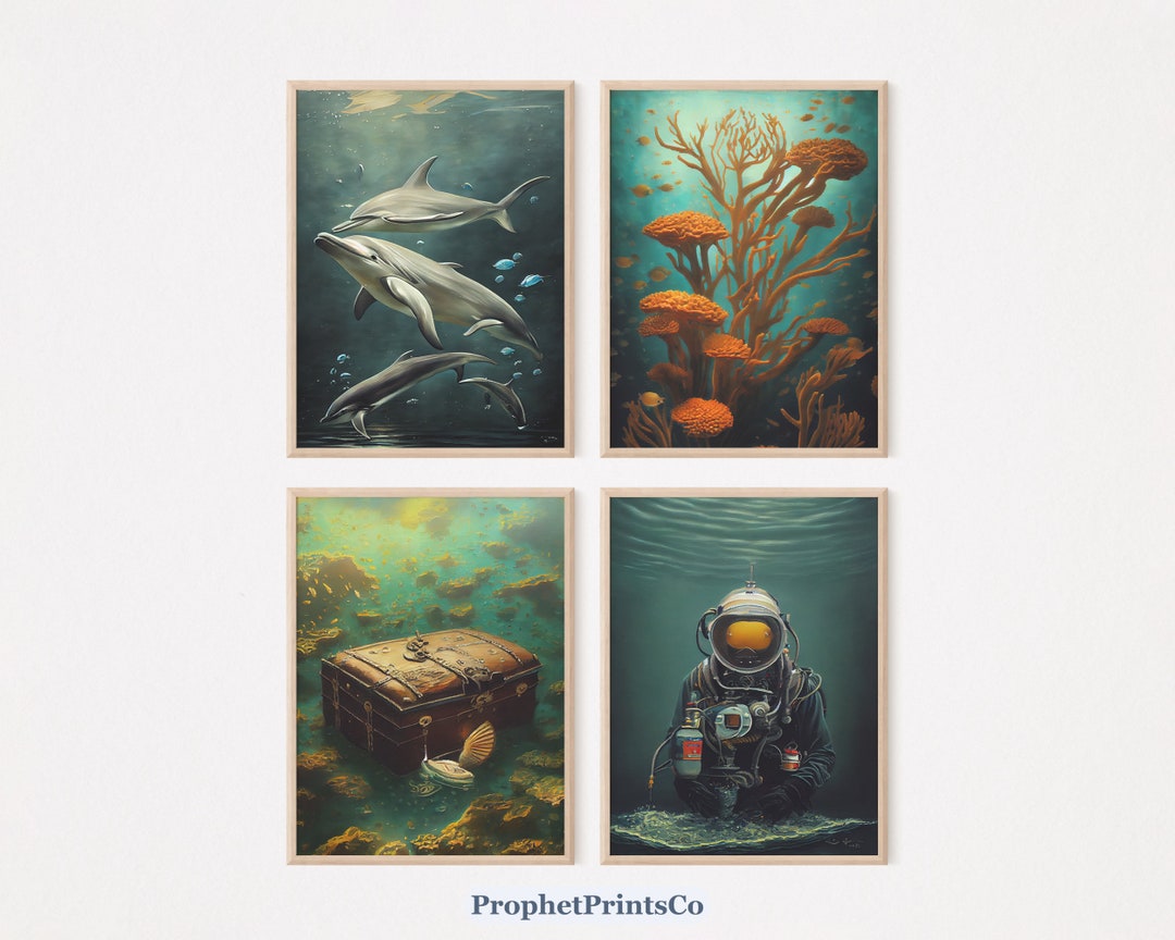 SET OF 4 Deep Sea Poster Prints | Beach House Wall Art | Coral ...