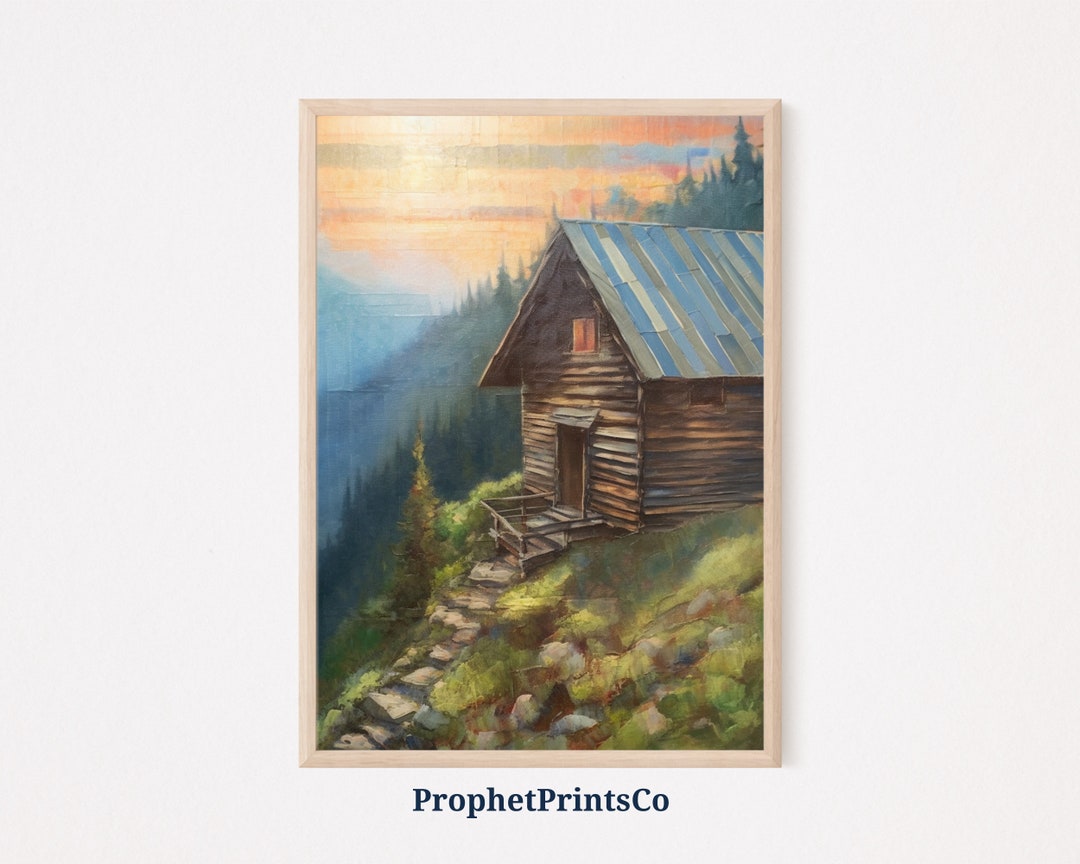 Soft Tonal Log Cabin Oil Painting Rustic Wall Art Old Log Cabin Aesthetic Forest Home Decor ...