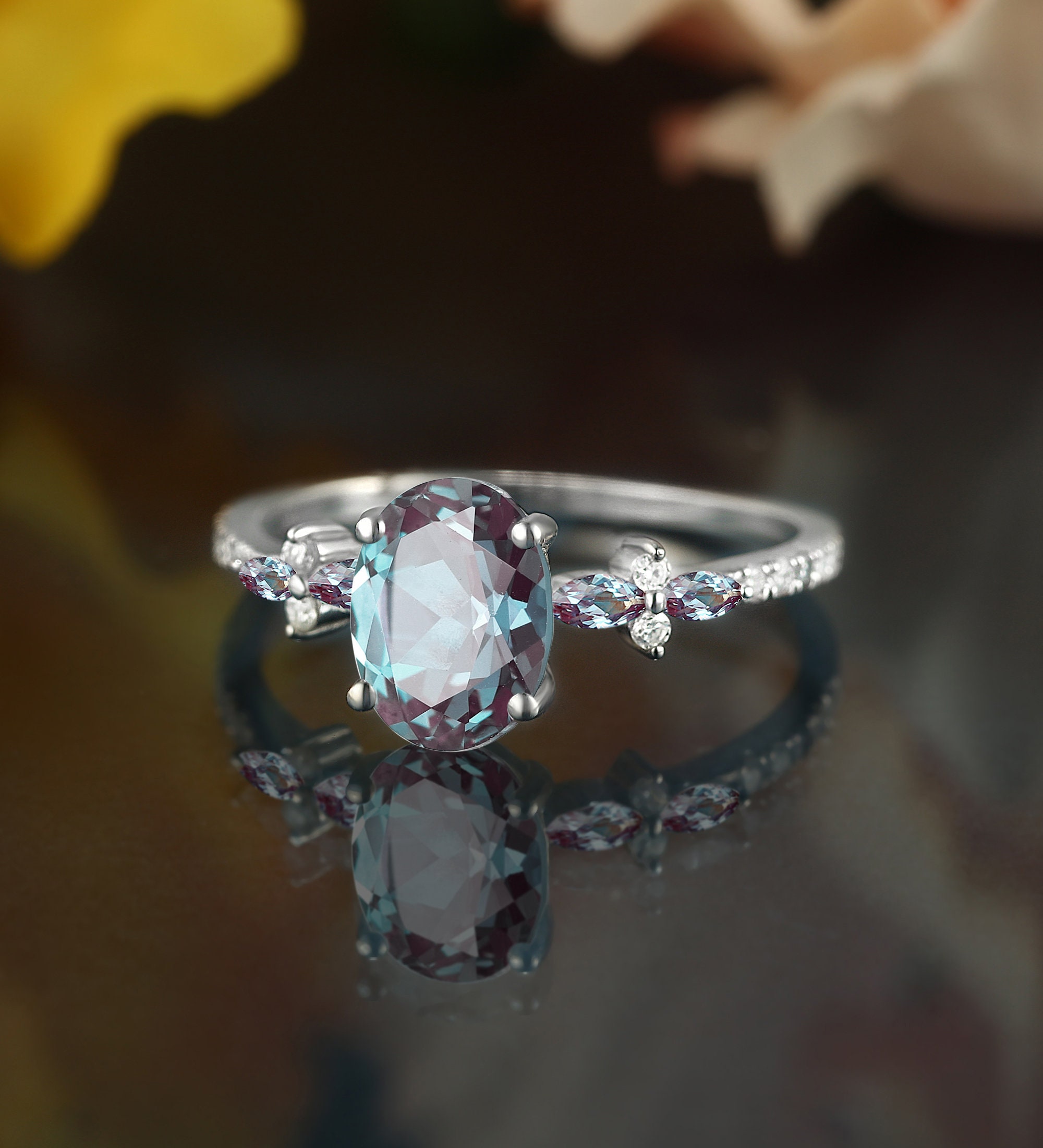 Oval Lab Alexandrite Engagement Ring Vintage White Gold Bridal Set ...