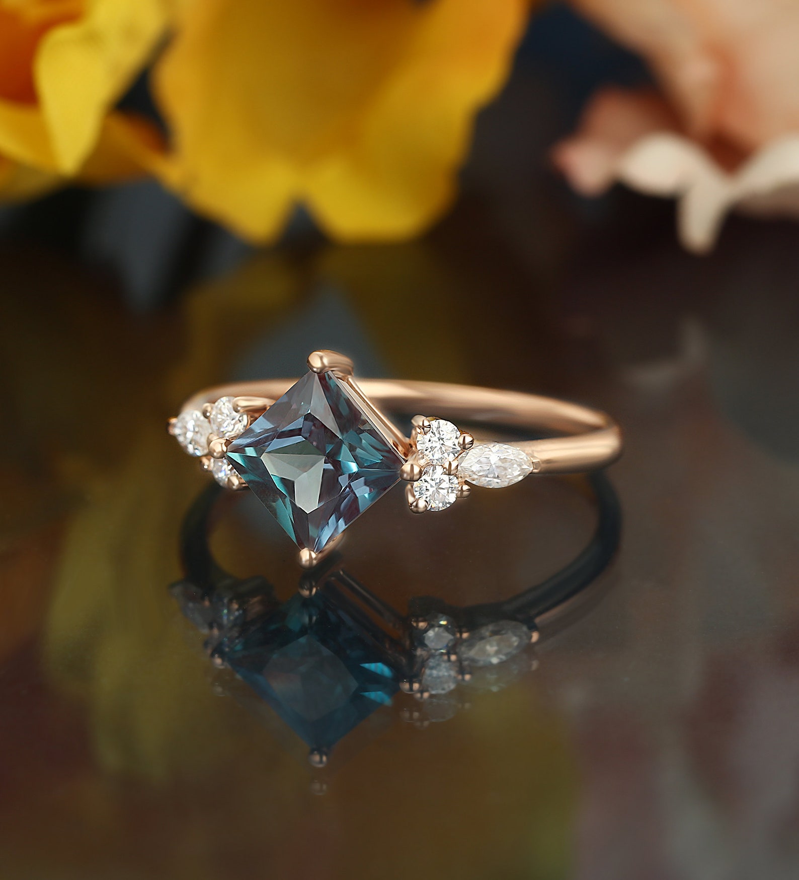 Princess Cut Lab Alexandrite Engagement Ring, Marquise Moissanite ...