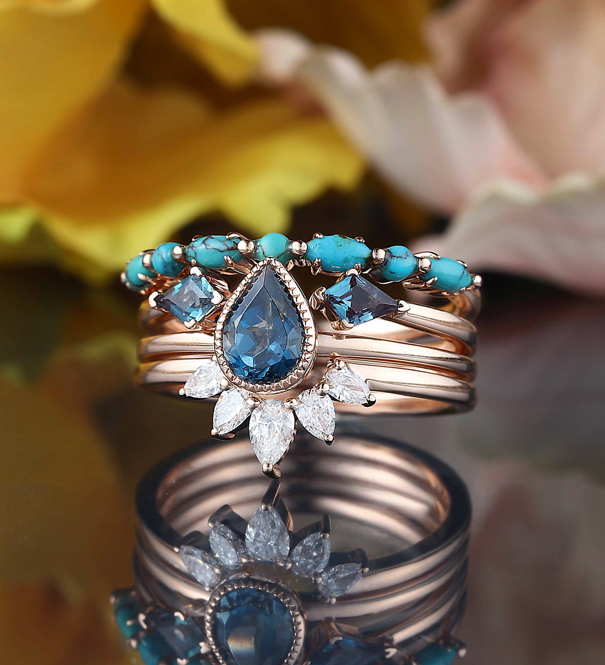4pcs Pear Shaped Milgrain Blue Topaz Engagement Ring Set Lab ...