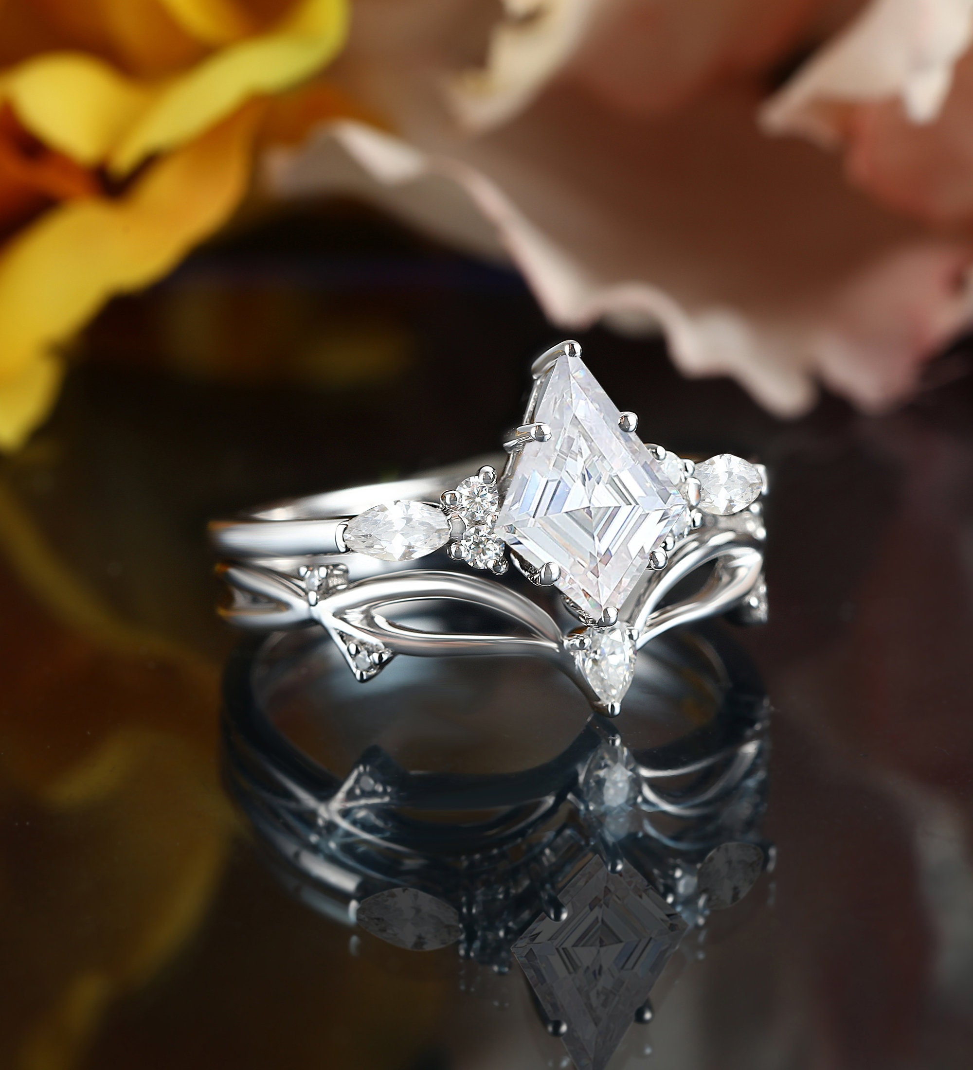 Kite Cut Moissanite Bridal Set, Art Deco Diamond Engagement Ring, Pear ...