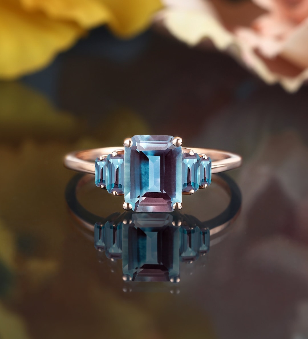 Emerald Cut Lab Alexandrite Engagement Ring, Vintage Rose Gold Ring ...