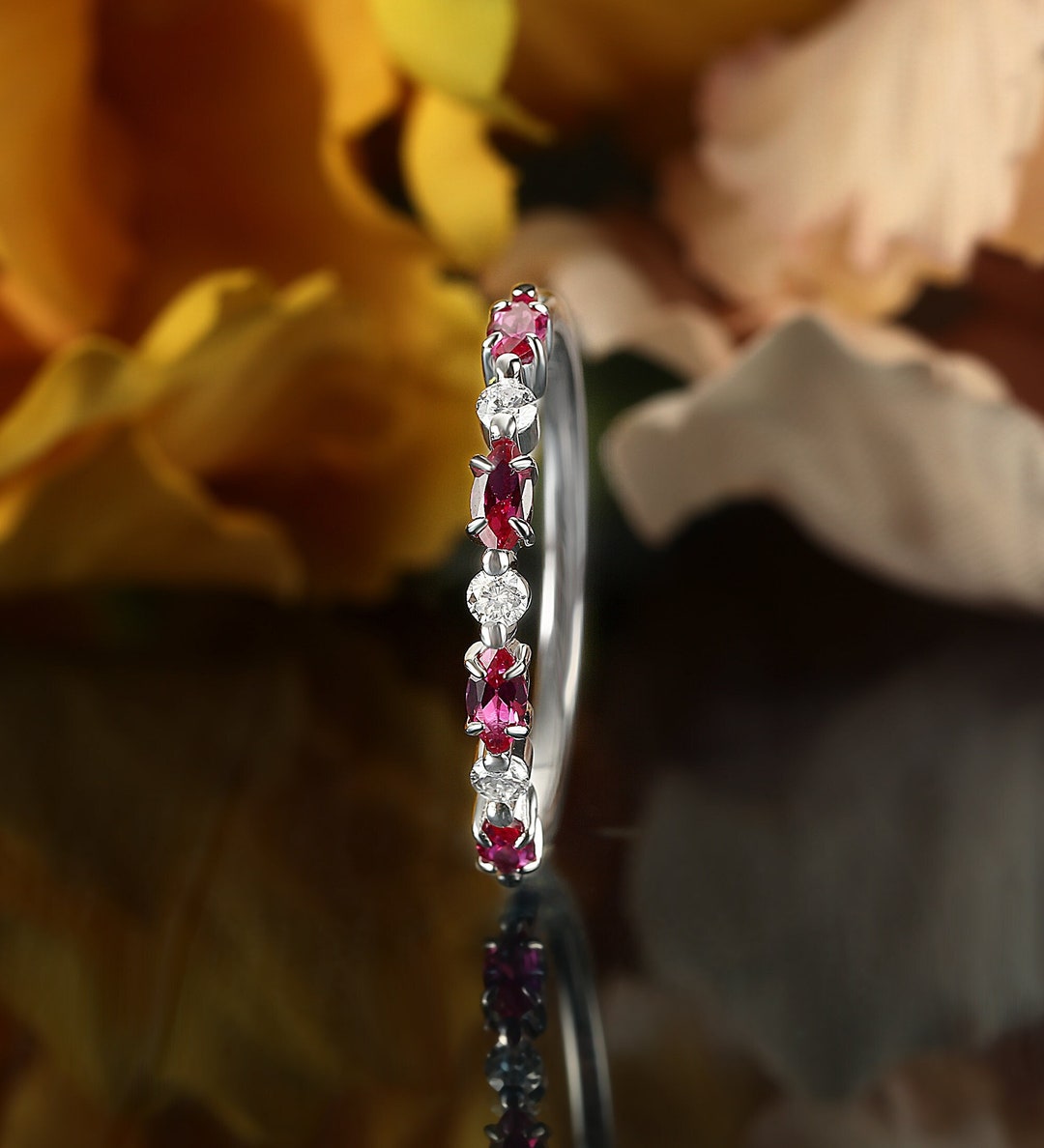 Marquise Cut Ruby Wedding Band, White Gold Half Eternity Matching Ring, Straight Stacking Ring ...