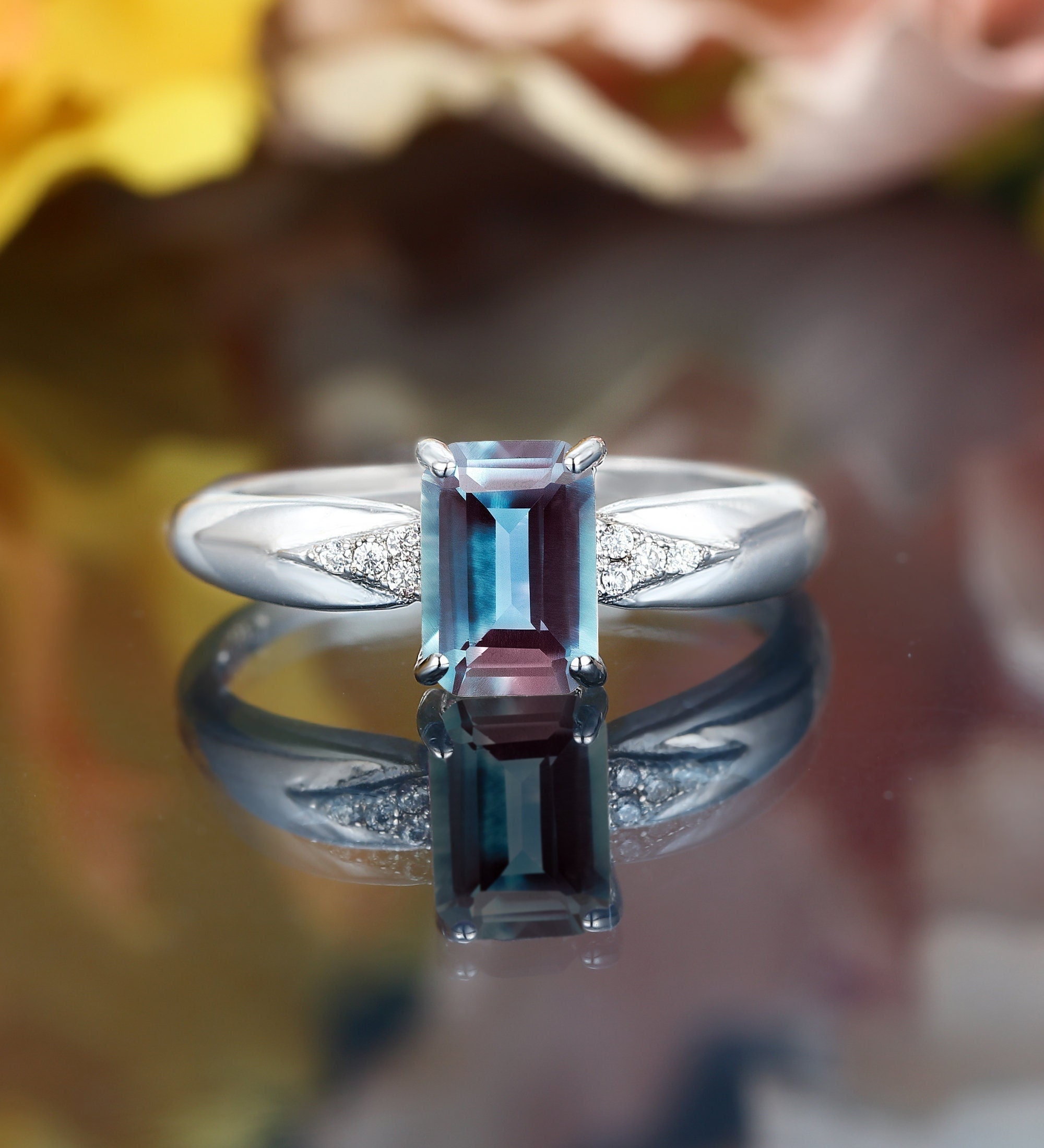 Emerald Cut Lab Alexandrite Engagement Ring, Prong Set Moissanite White ...