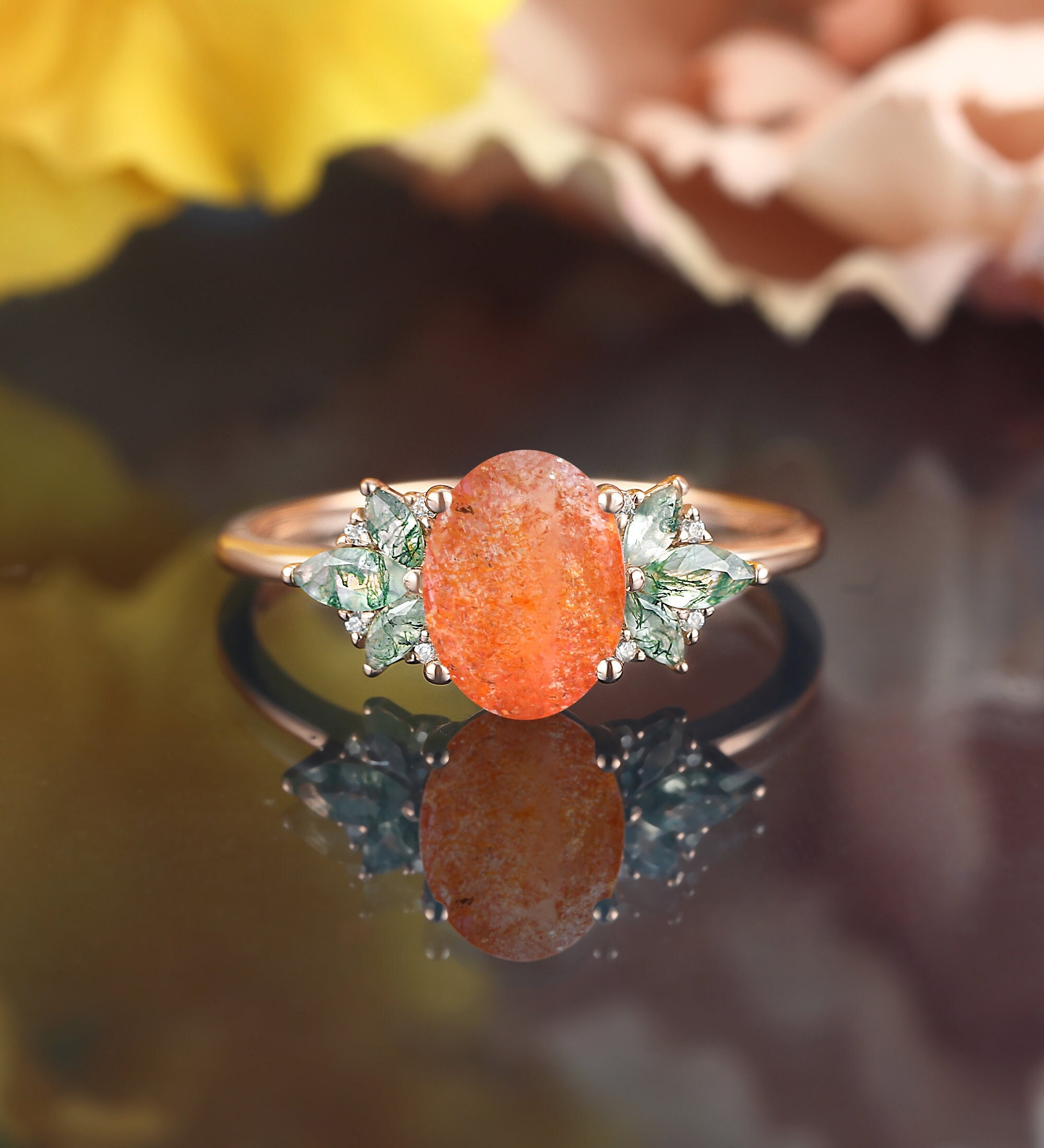 Oval Cut Sunstone Engagement Ring Marquise Moss Agate Rose Gold Ring ...