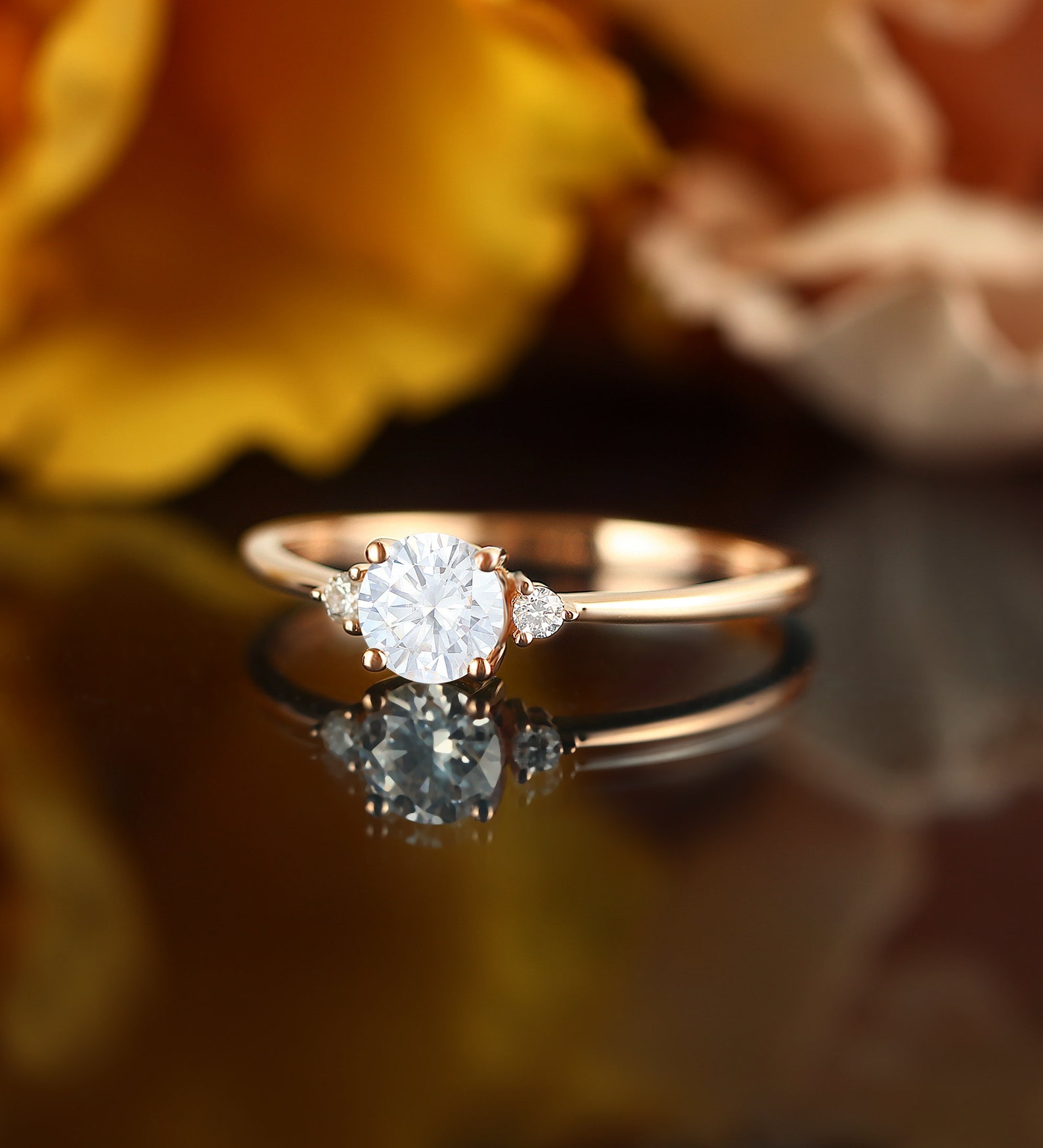 Round Cut Moissanite Engagement Ring, Rose Gold Unique Dainty Bridal ...