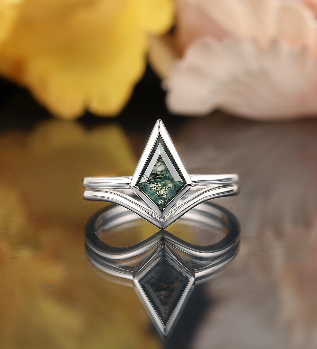 Kite Cut Moss Agate Bridal Set White Gold Engagement Ring Art Deco ...