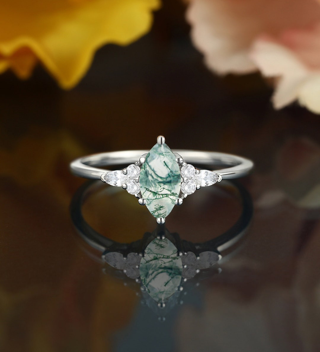 Marquise Cut Moss Agate Engagement Ring, Vintage Moissanite White Gold ...