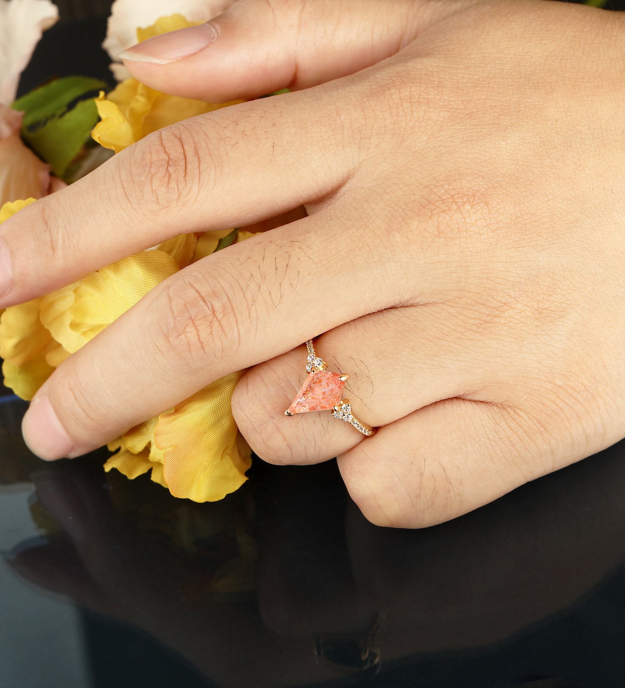 Kite Cut Sunstone Engagement Ring, Moissanite Yellow Gold Bridal Set ...