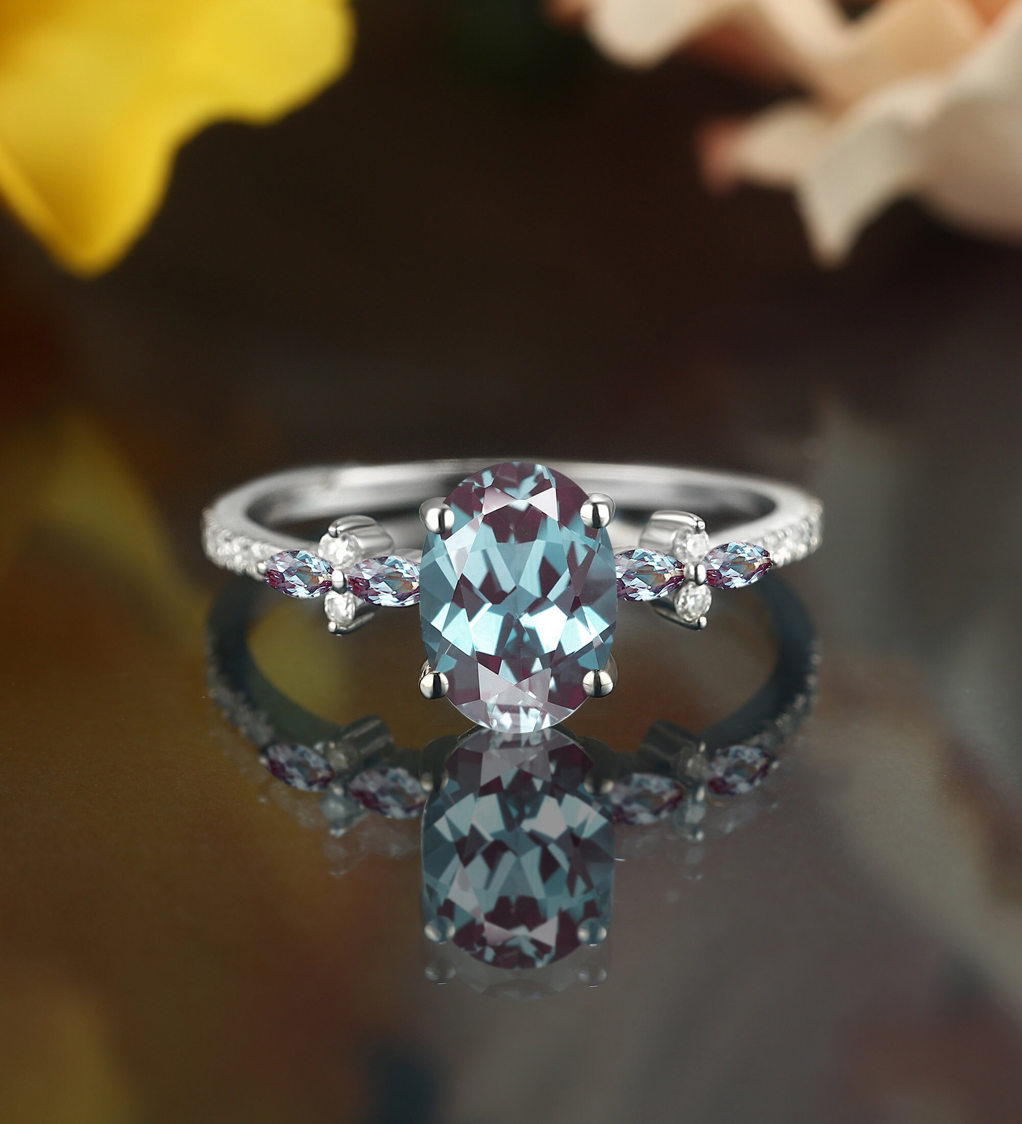 Oval Lab Alexandrite Engagement Ring Vintage White Gold Bridal Set ...