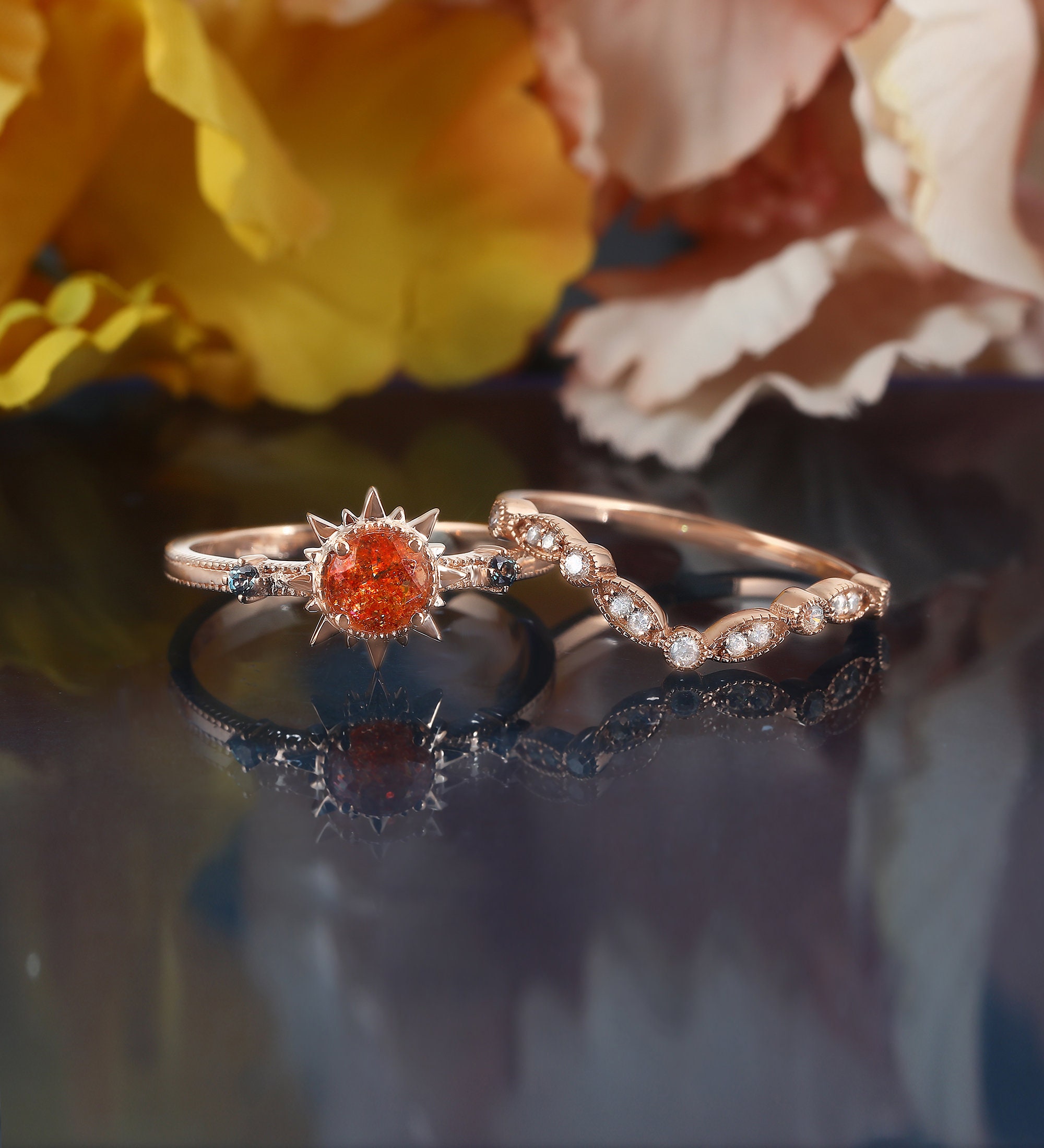 Sunstone Rose Gold Engagement Ring Art Deco Lab Alexandrite Bridal Set ...