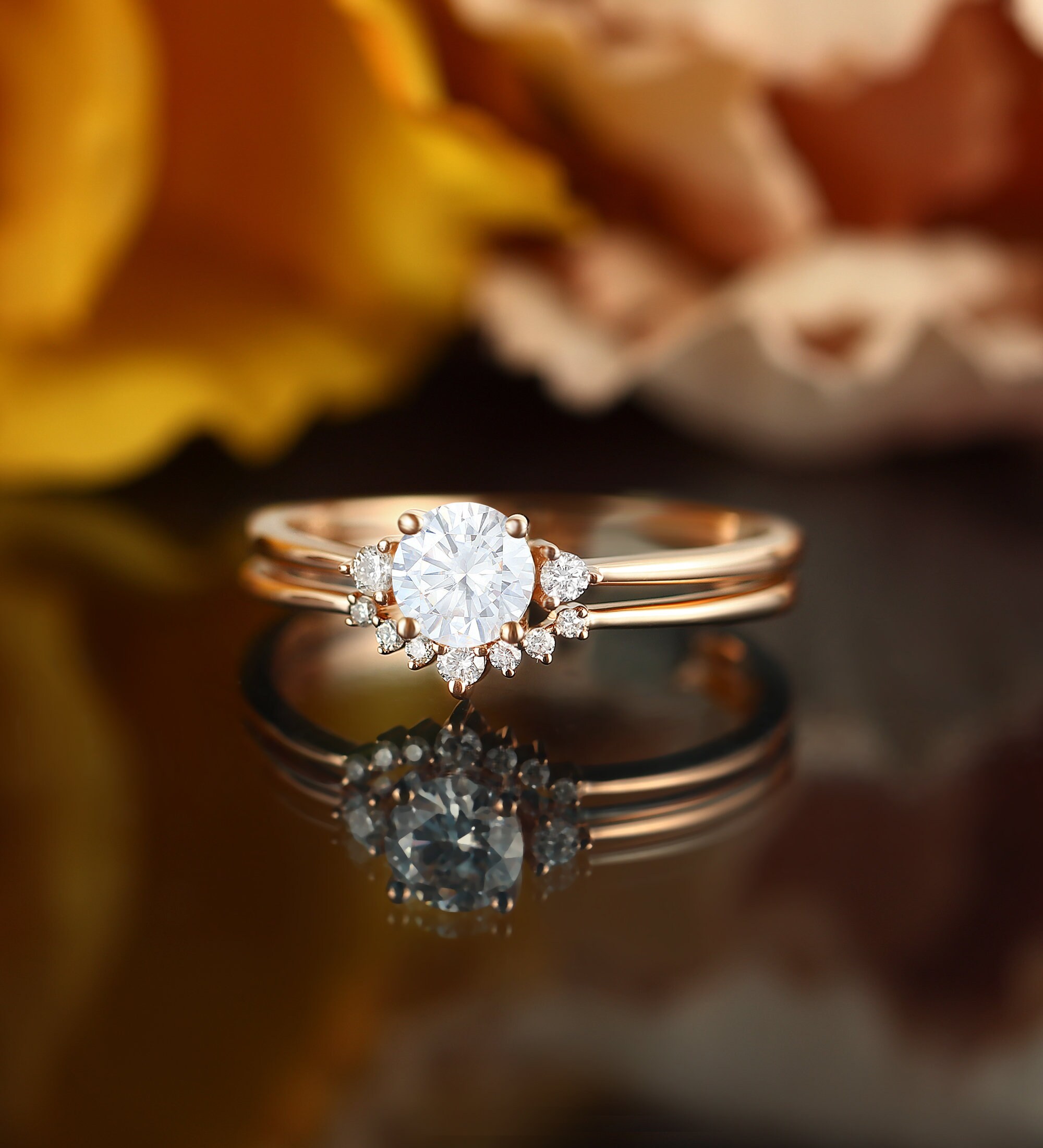 Round Cut Moissanite Engagement Ring, Rose Gold Unique Dainty Bridal ...