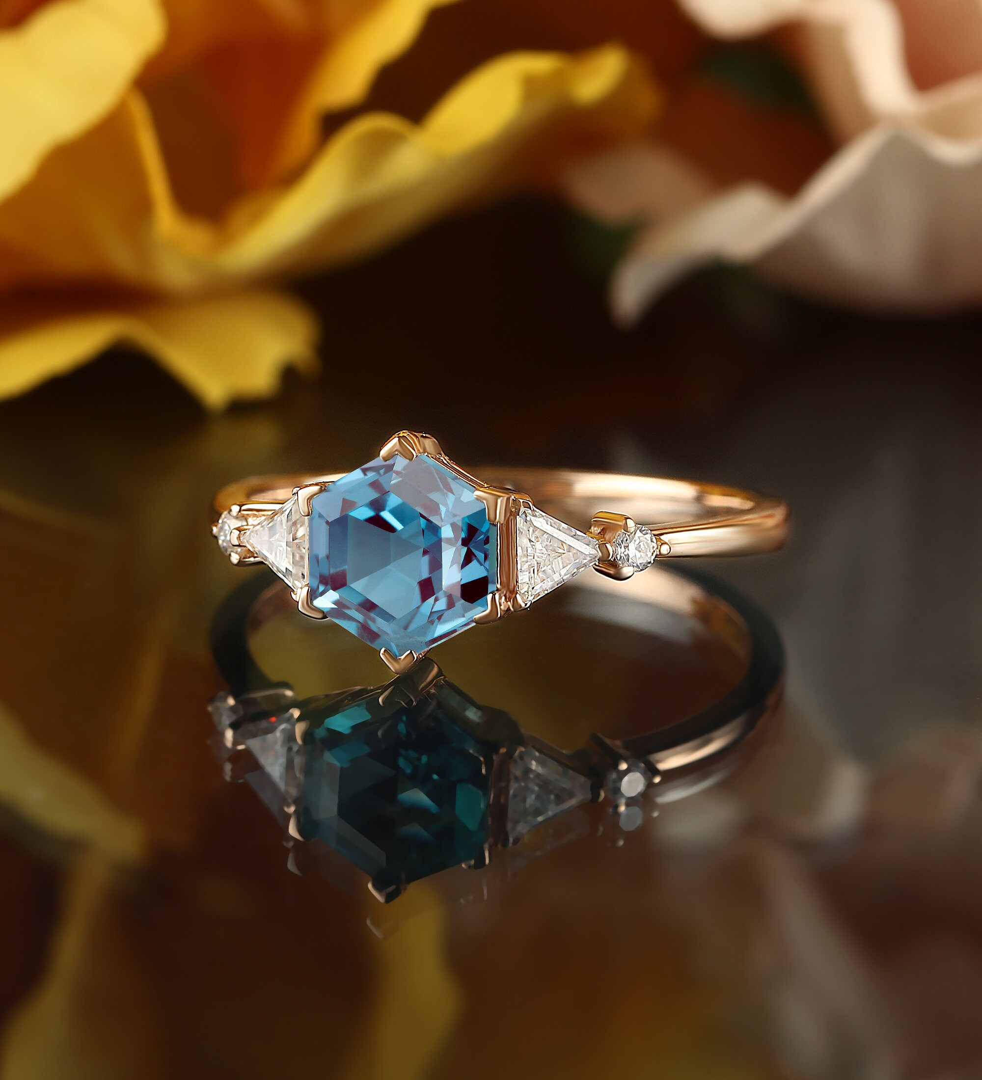 Hexagon Cut Lab Alexandrite Engagement Ring, Triangle Moissanite ...