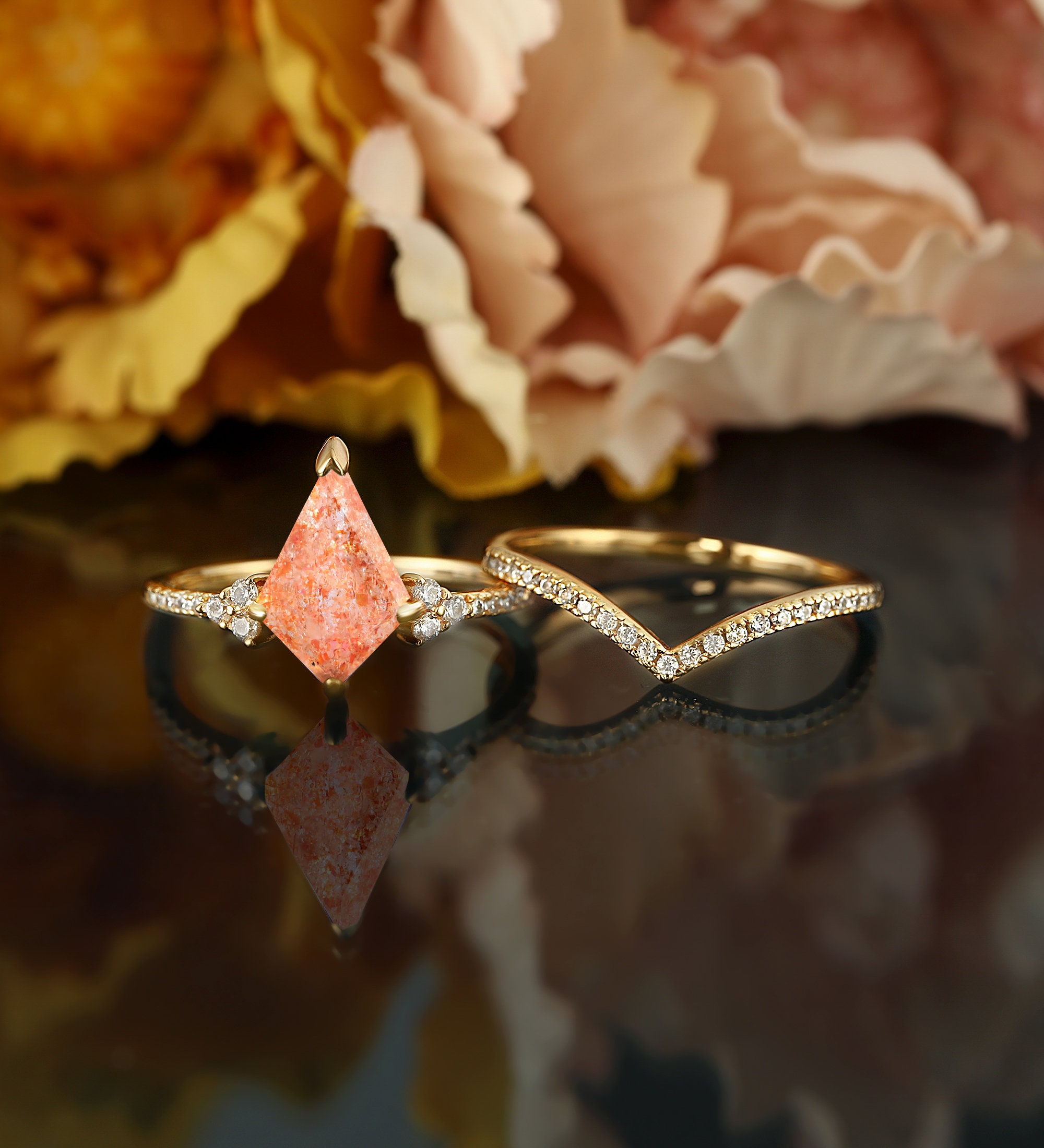Kite Cut Sunstone Engagement Ring, Moissanite Yellow Gold Bridal Set ...