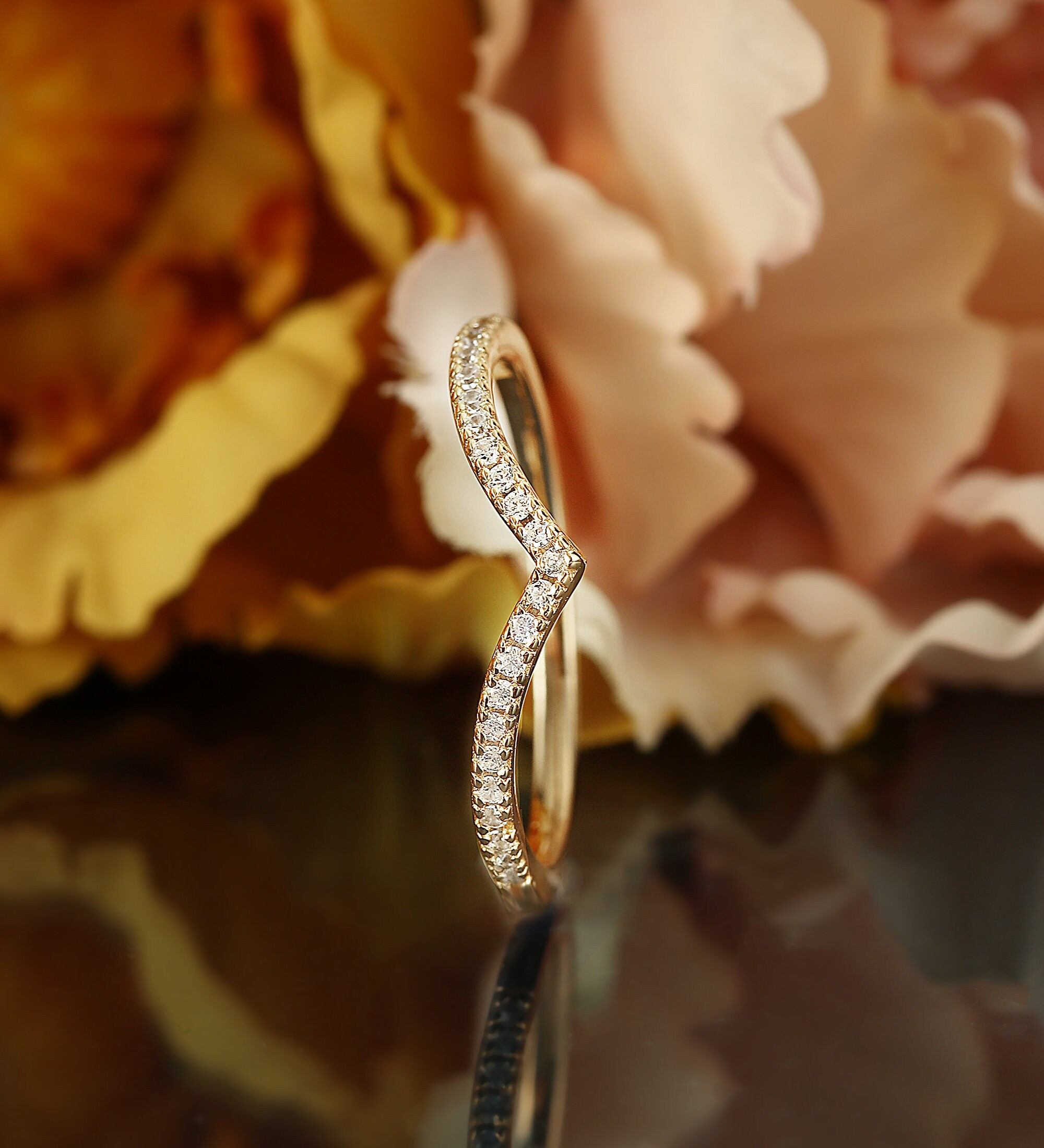 Curved Wedding Band, Yellow Gold Matching Ring, Chevron Stacking Ring ...