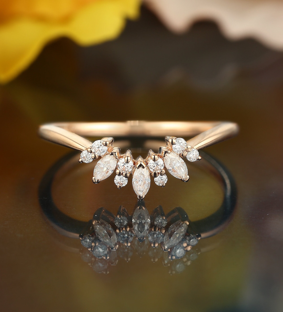 Marquise Cut Moissanite Wedding Band, Vintage Diamond Rose Gold Ring ...